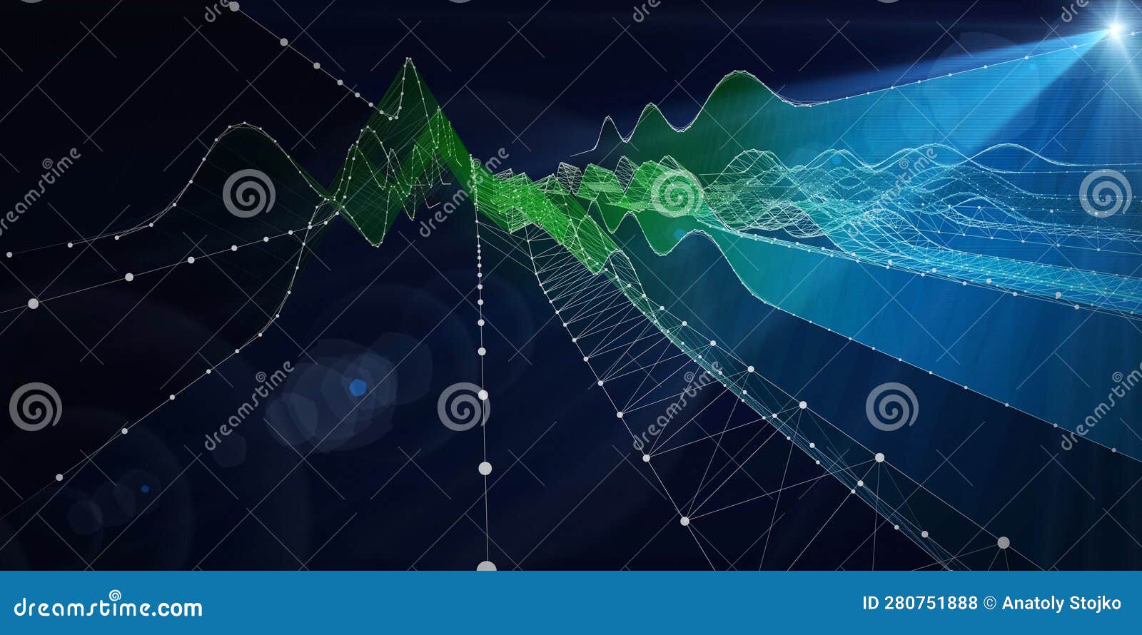 Abstract Background Graph Wavy Grid with Dots and Spot on Dark. Big ...