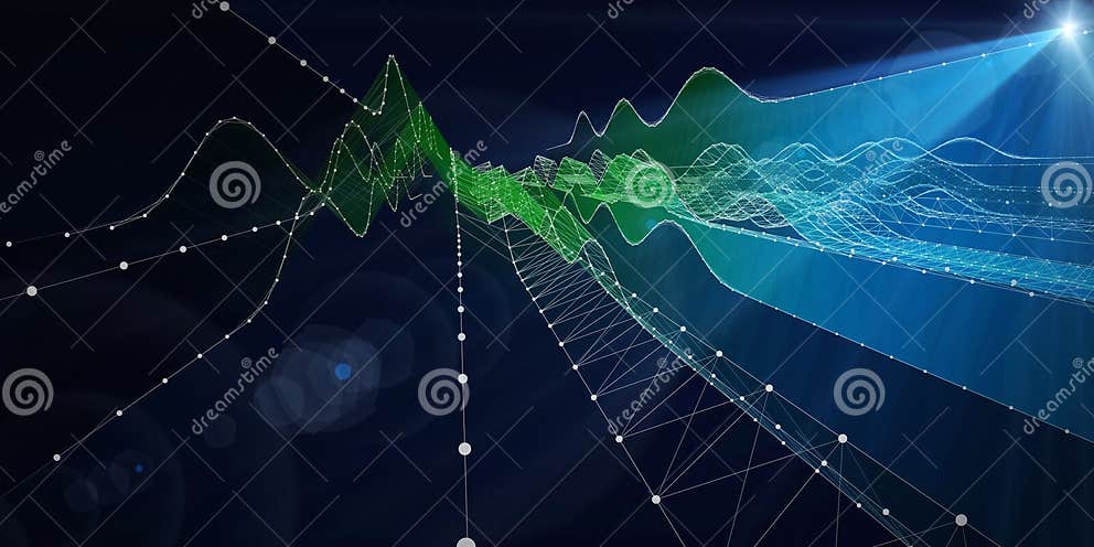 Abstract Background Graph Wavy Grid with Dots and Spot on Dark. Big ...