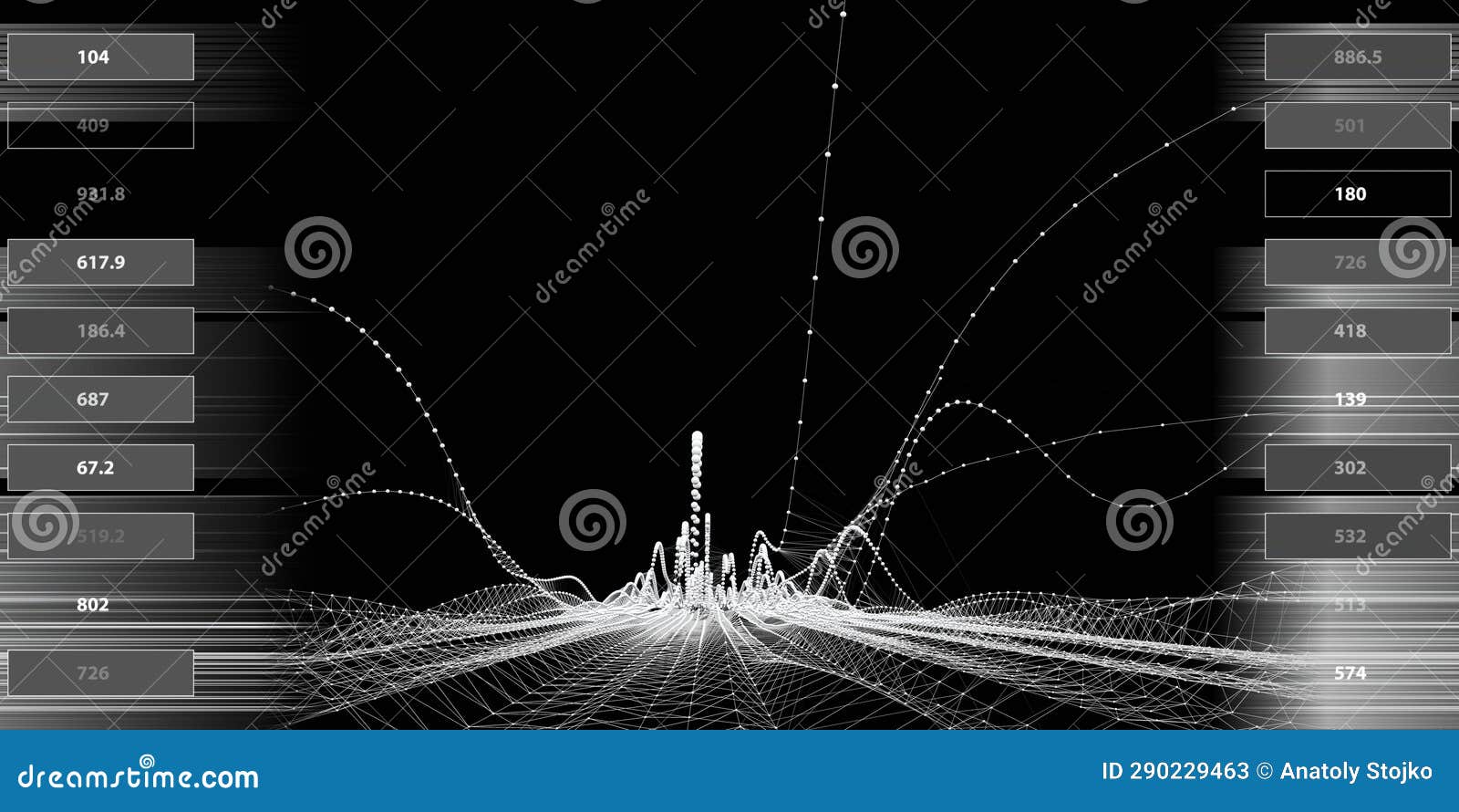 Abstract Background Graph Wavy Grid with Spheres and Data Boxes ...