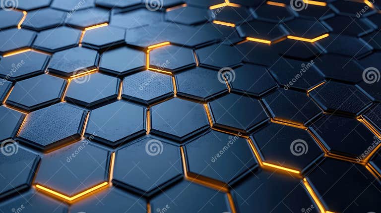 Abstract Background of the Hexagonal Shapes Pattern, Carbon Material with a Yellow Glowing Light ...