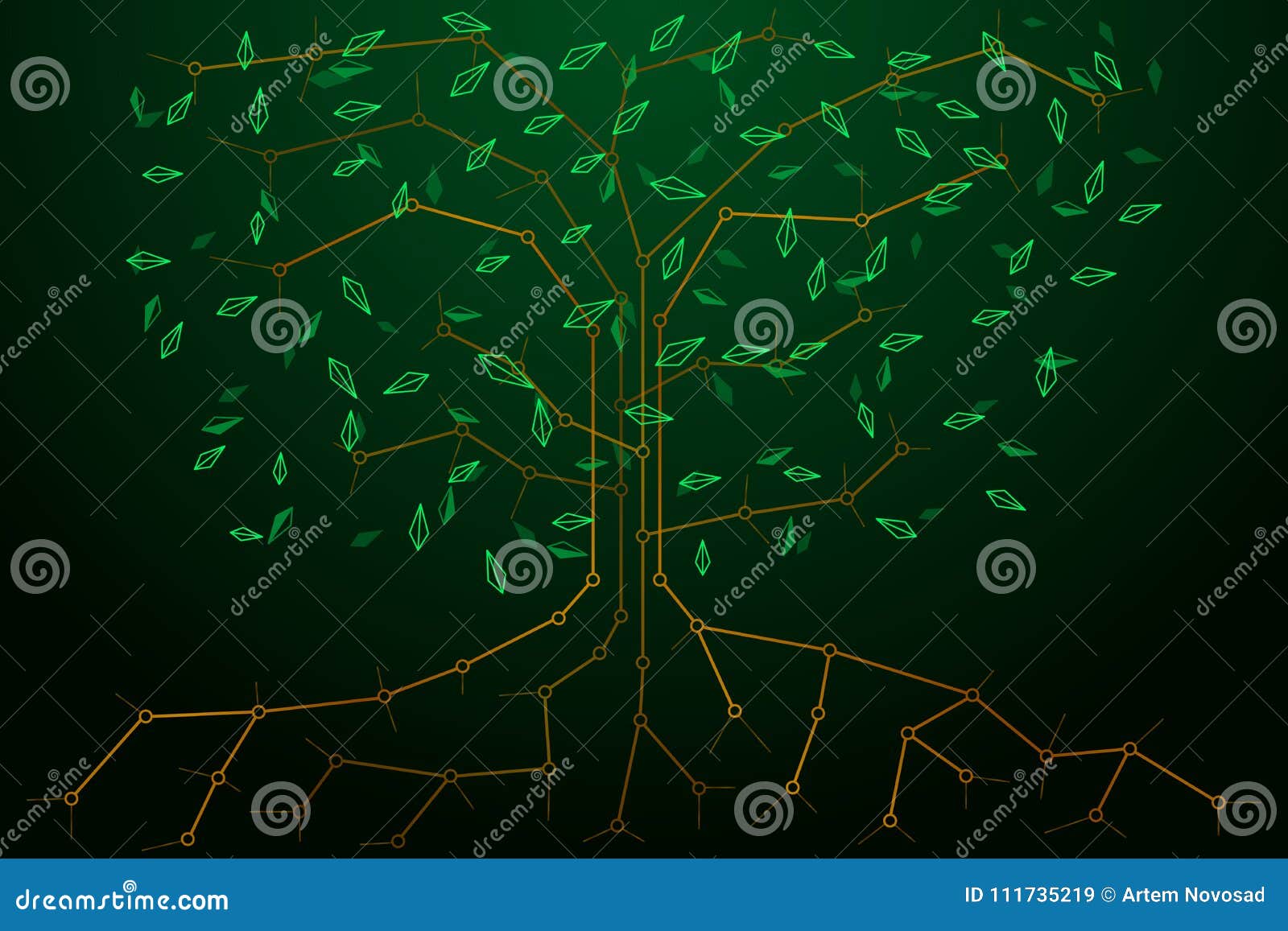 Abstract Background with the Image of a Synthetic Cyber Tree and Leaves ...