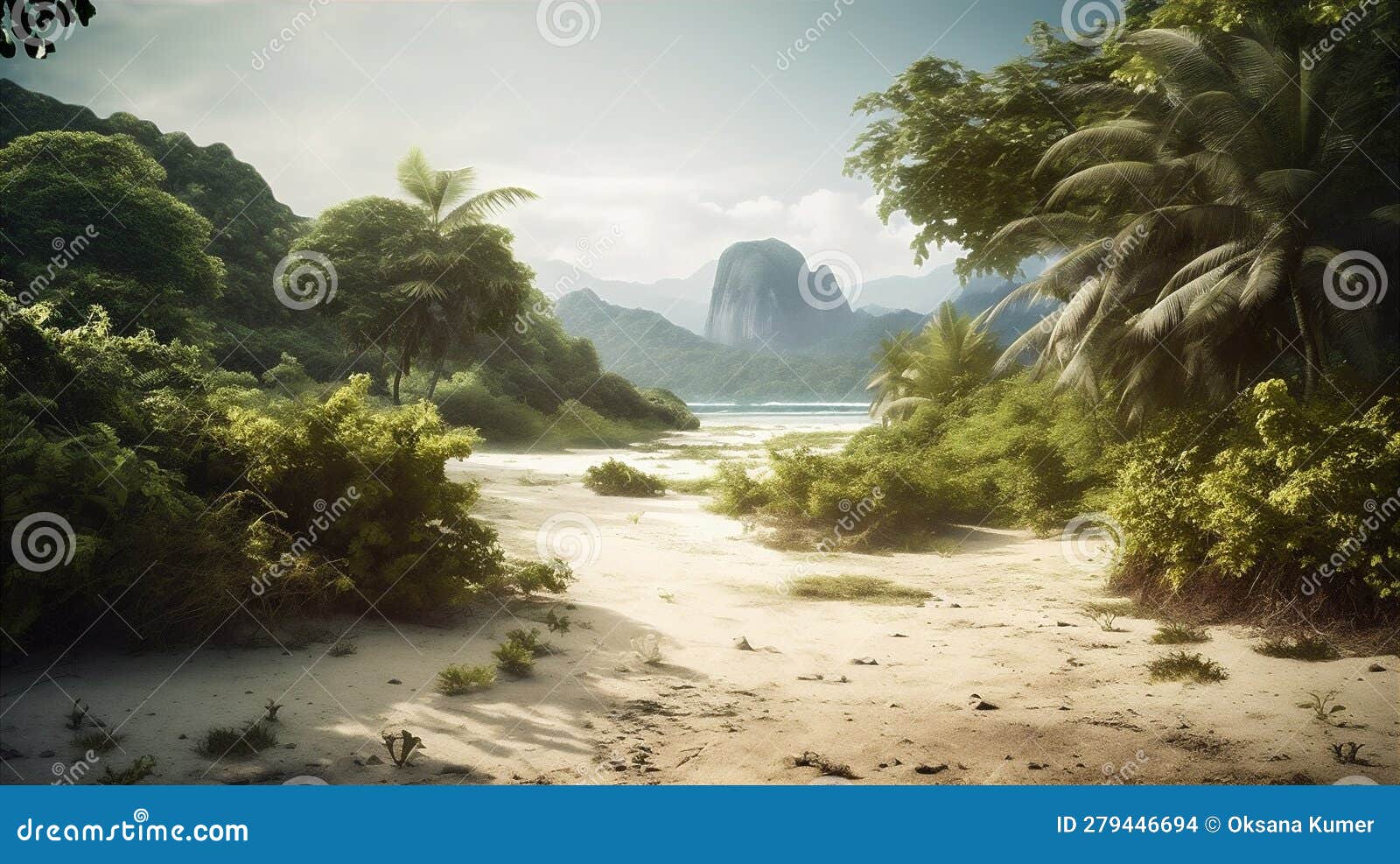 Abstract Background with Jungle Frame, White Sand Beach in Foreground ...