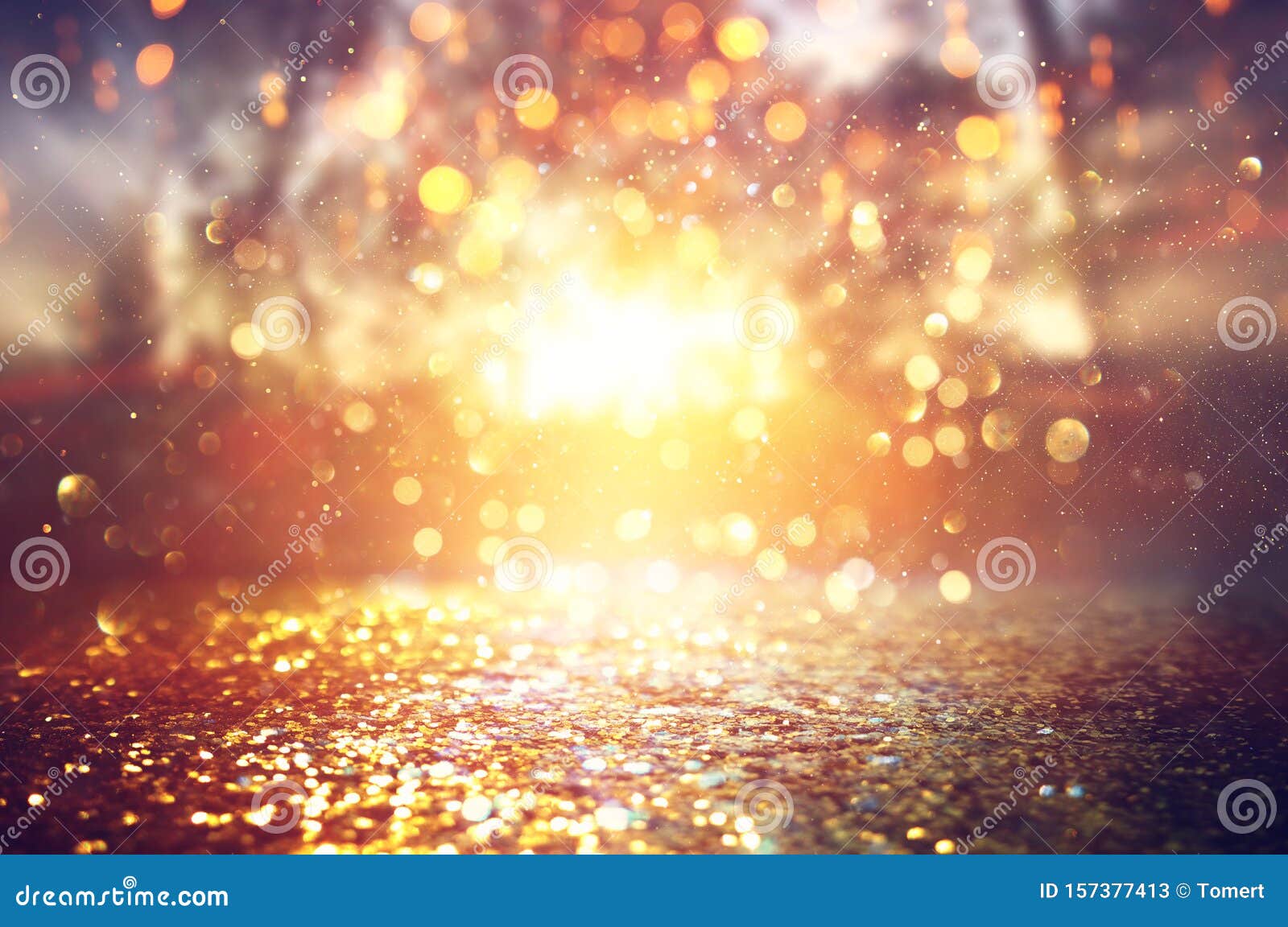 Abstract Background of Light Burst among Trees and Glitter Golden Bokeh ...
