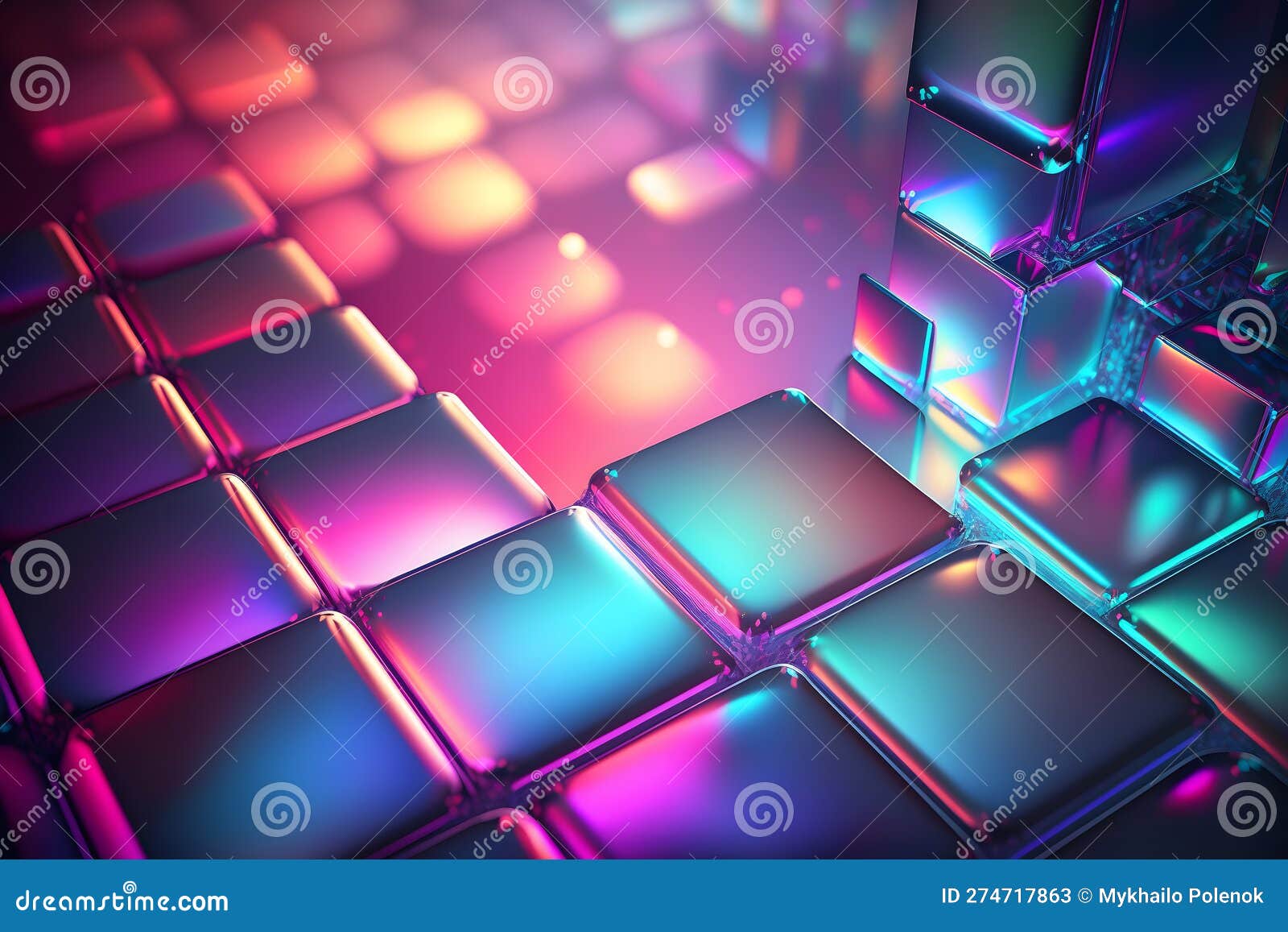 Abstract Background with Neon Holographic Square Elements. Neural ...