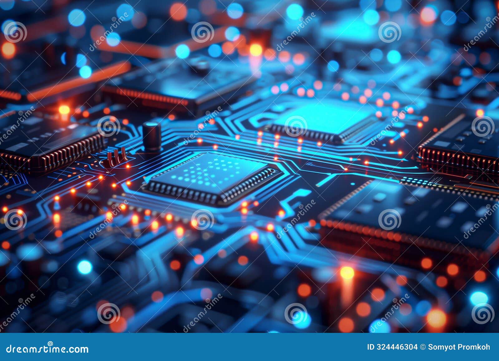 Abstract Background Neon Lines Blue Board Chip Data Transmission Modern ...