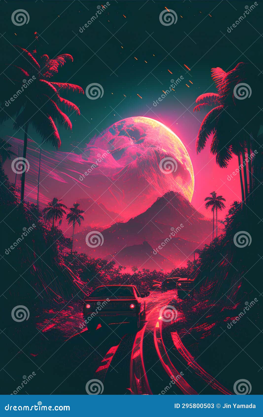 Abstract Background with Palm Trees, Road and Moon. Vector Illustration ...
