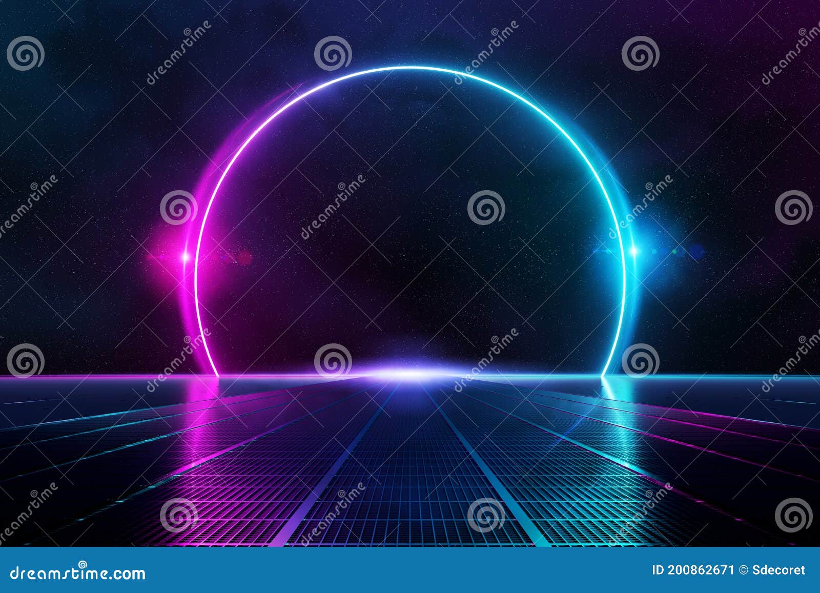 Abstract Background Pathway Leading To Blue and Pink Neon Light Circle ...