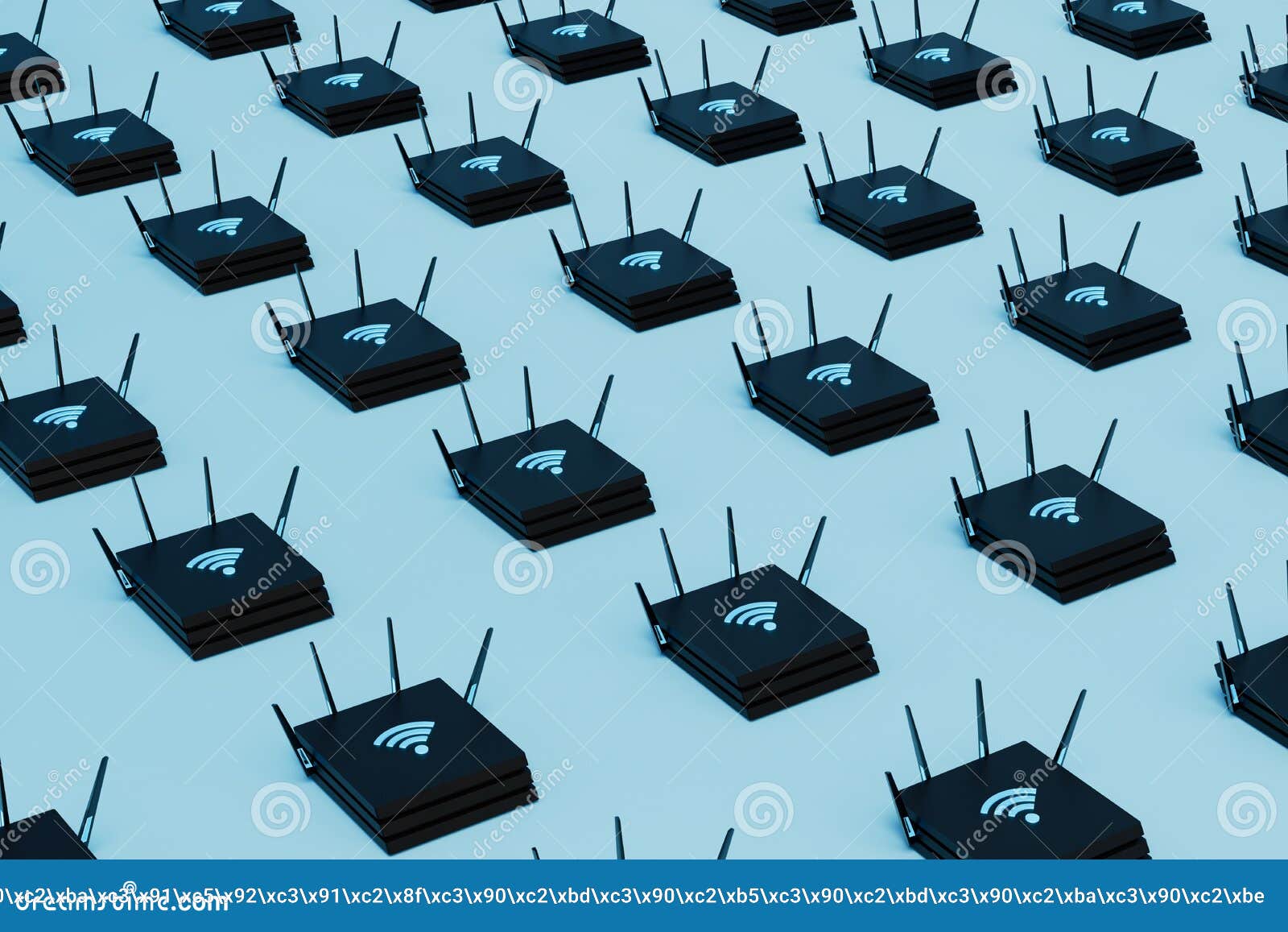 Abstract Background. Patterns of Black Routers with Wi-Fi Icons Glowing ...