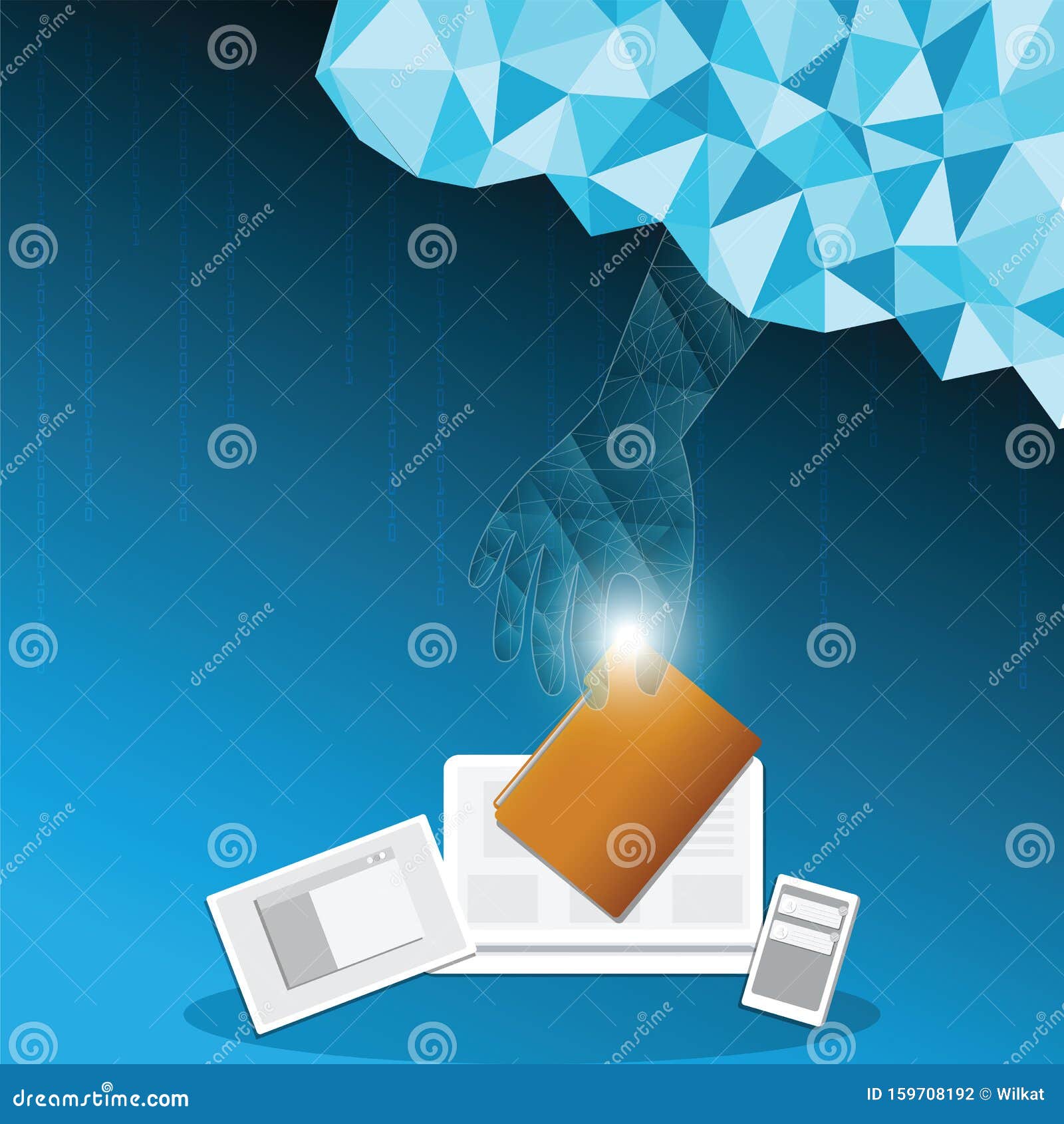 Abstract Background, Polygon Cloud And Hand With Digital Data And ...