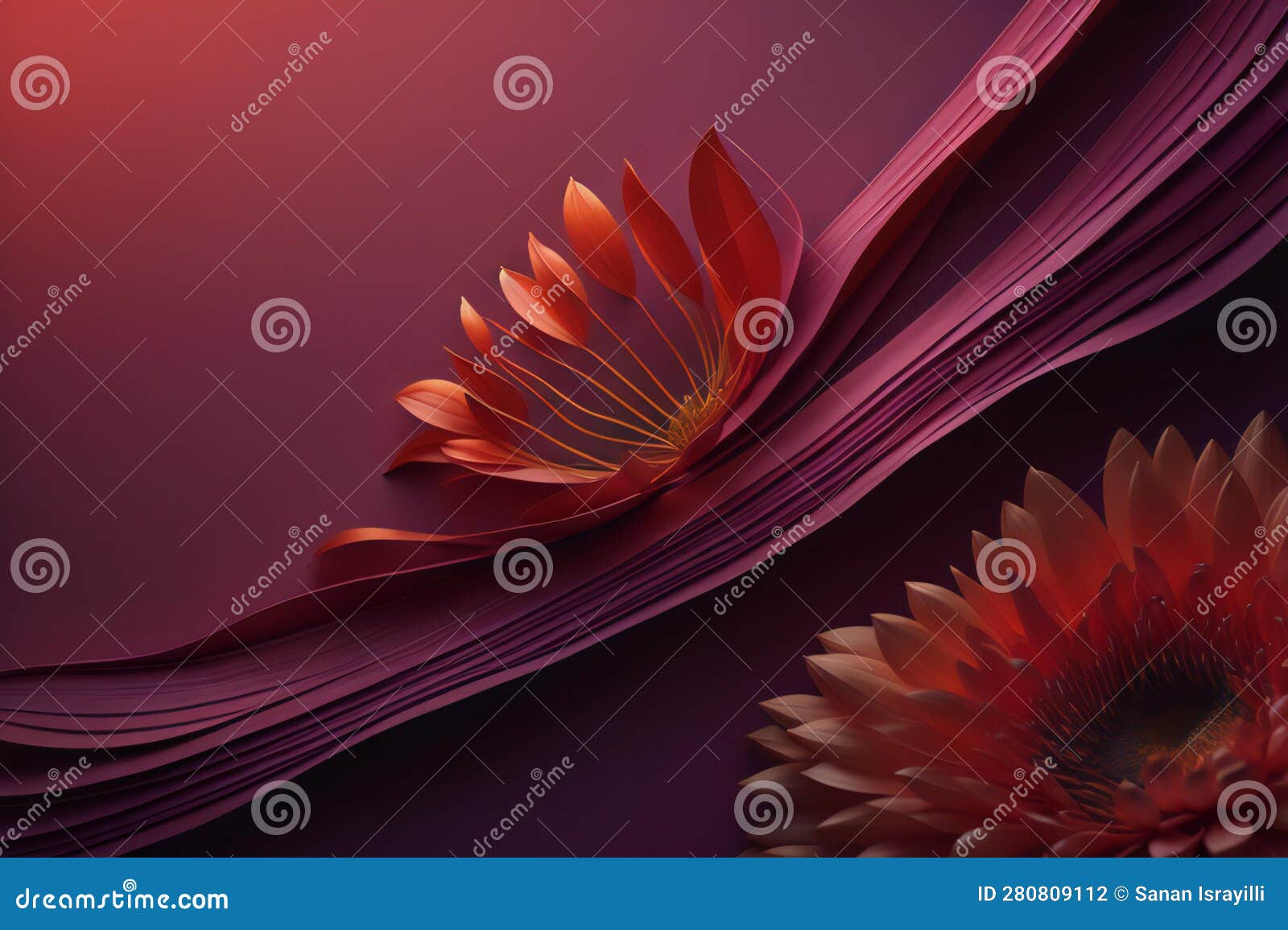 Abstract Background with Red Flowers and Curved Paper Sheets. Generative Ai Stock Illustration ...