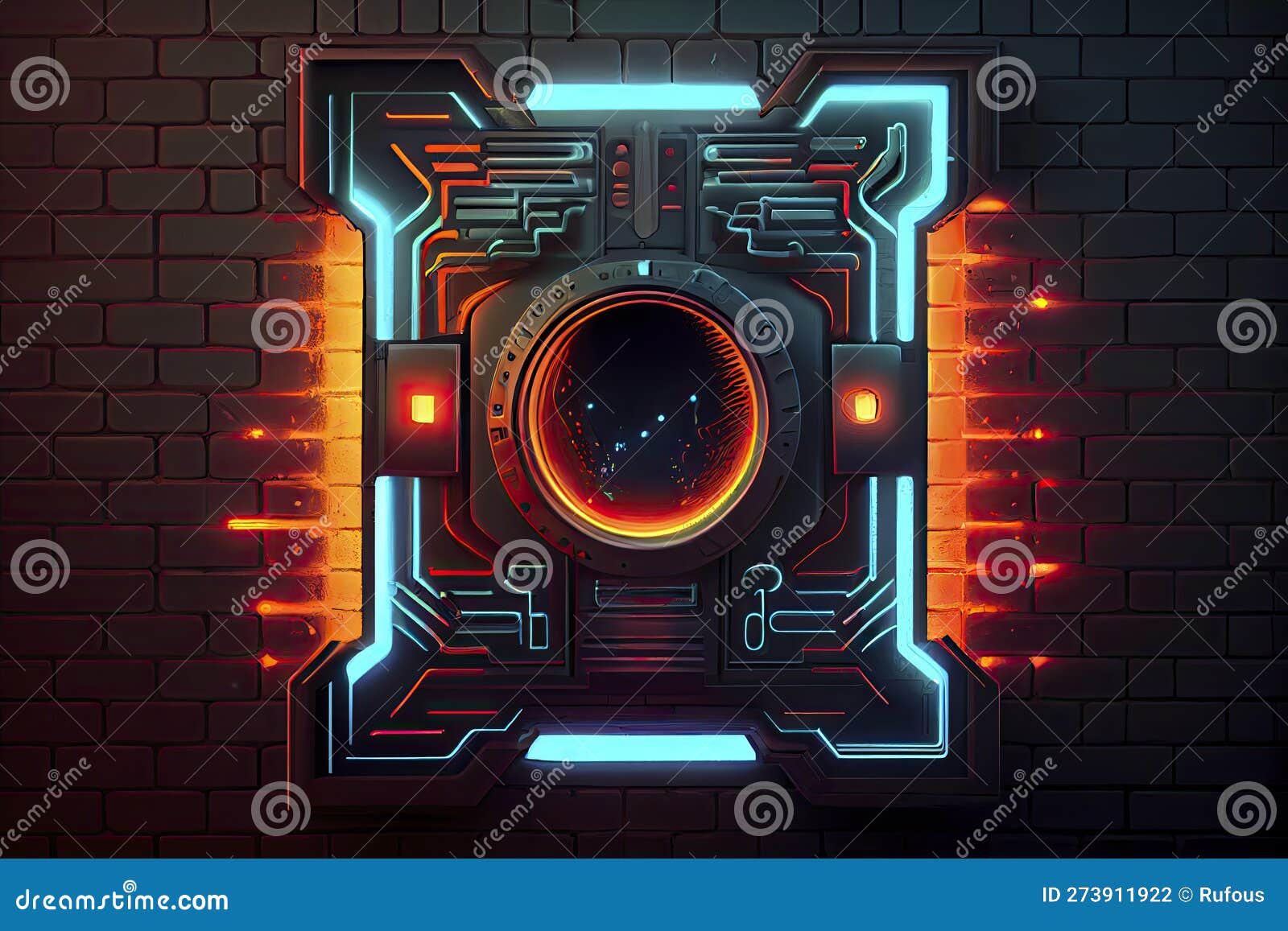 Abstract Background of Sci Fi Hud Ui Neon Frame on Brick Wall Stock ...