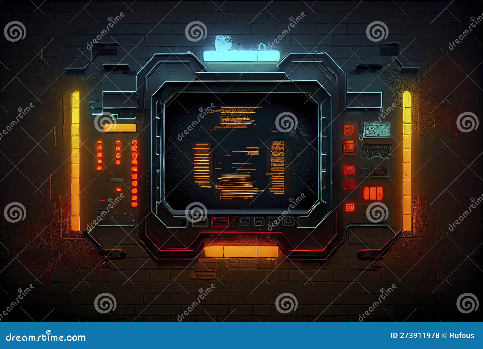 Abstract Background of Sci Fi Hud Ui Neon Frame on Brick Wall Stock ...