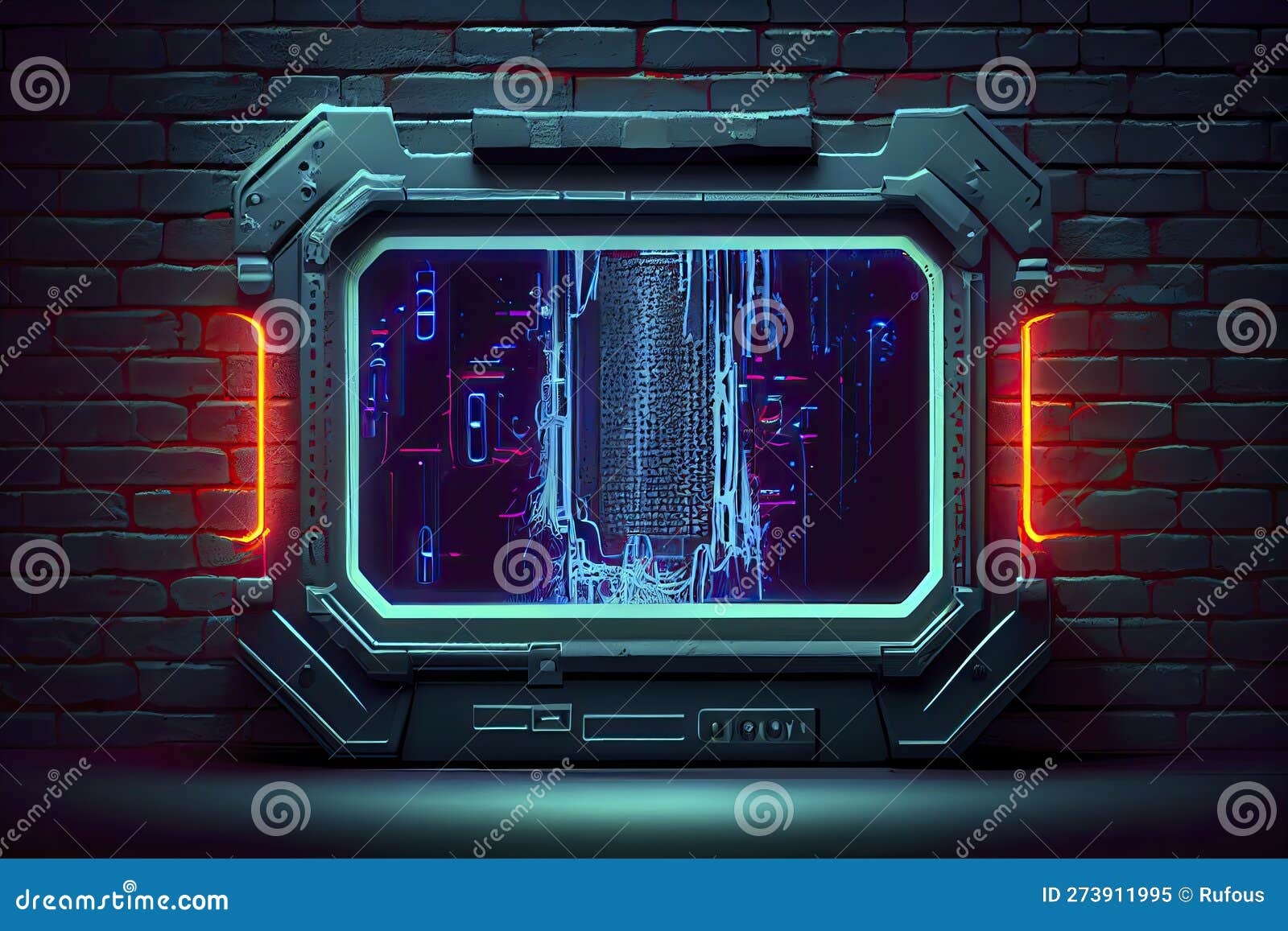 Abstract Background of Sci Fi Hud Ui Neon Frame on Brick Wall Stock ...