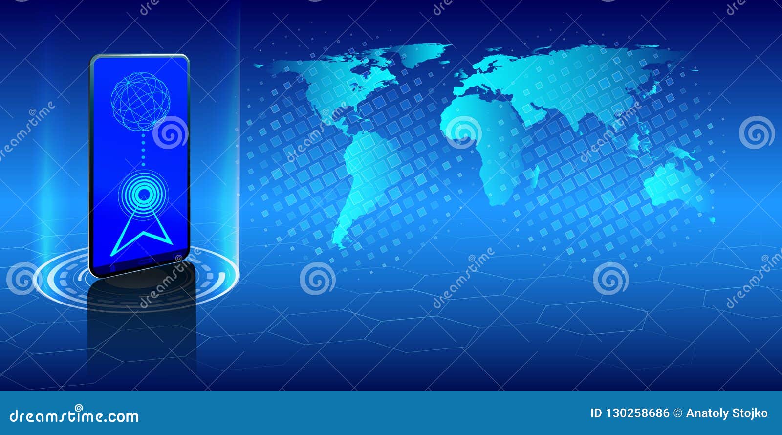 Abstract Background with Smartphone on Global Map on Blue. Vector ...