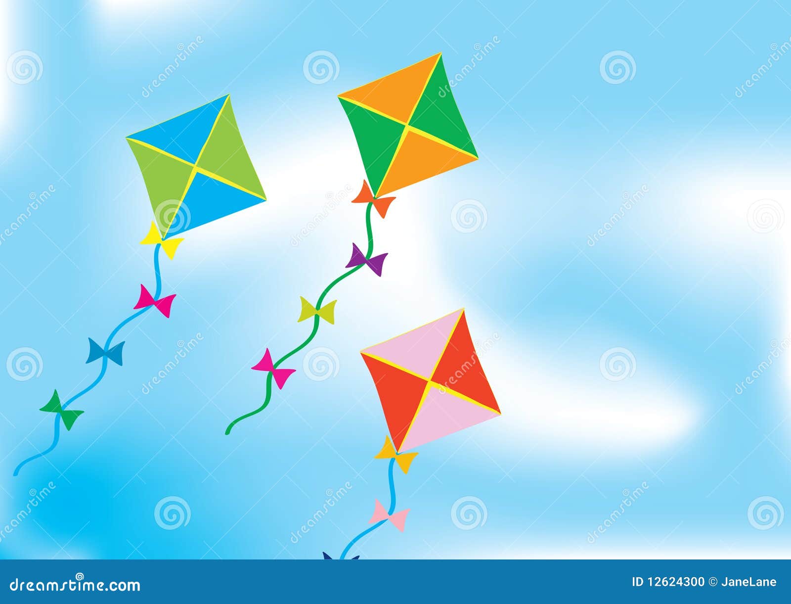 Three Kites Flying Isolated Cartoon Blue Lines Vector Illustration ...