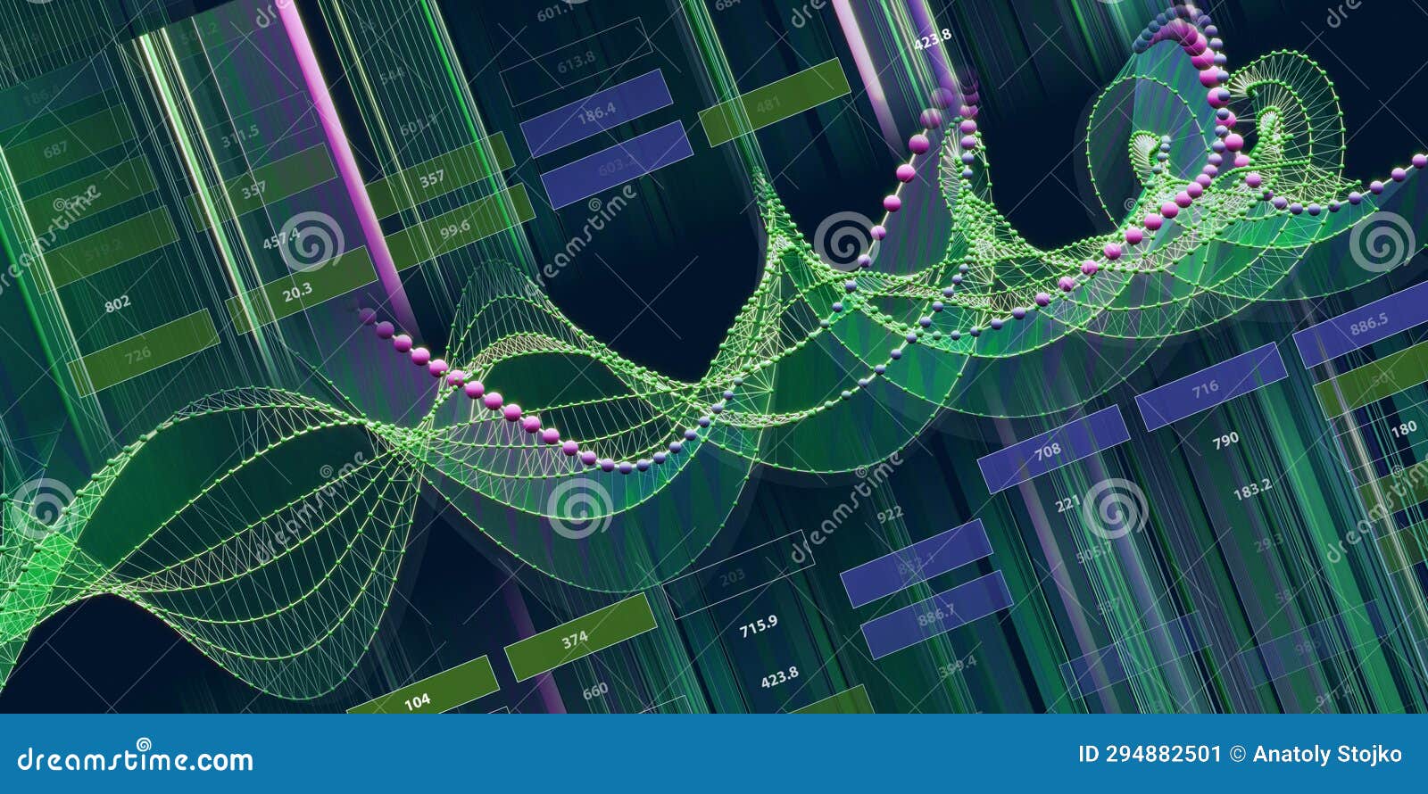 Abstract Background Twisting Wireframe Grid with Data Boxes and Blurred ...