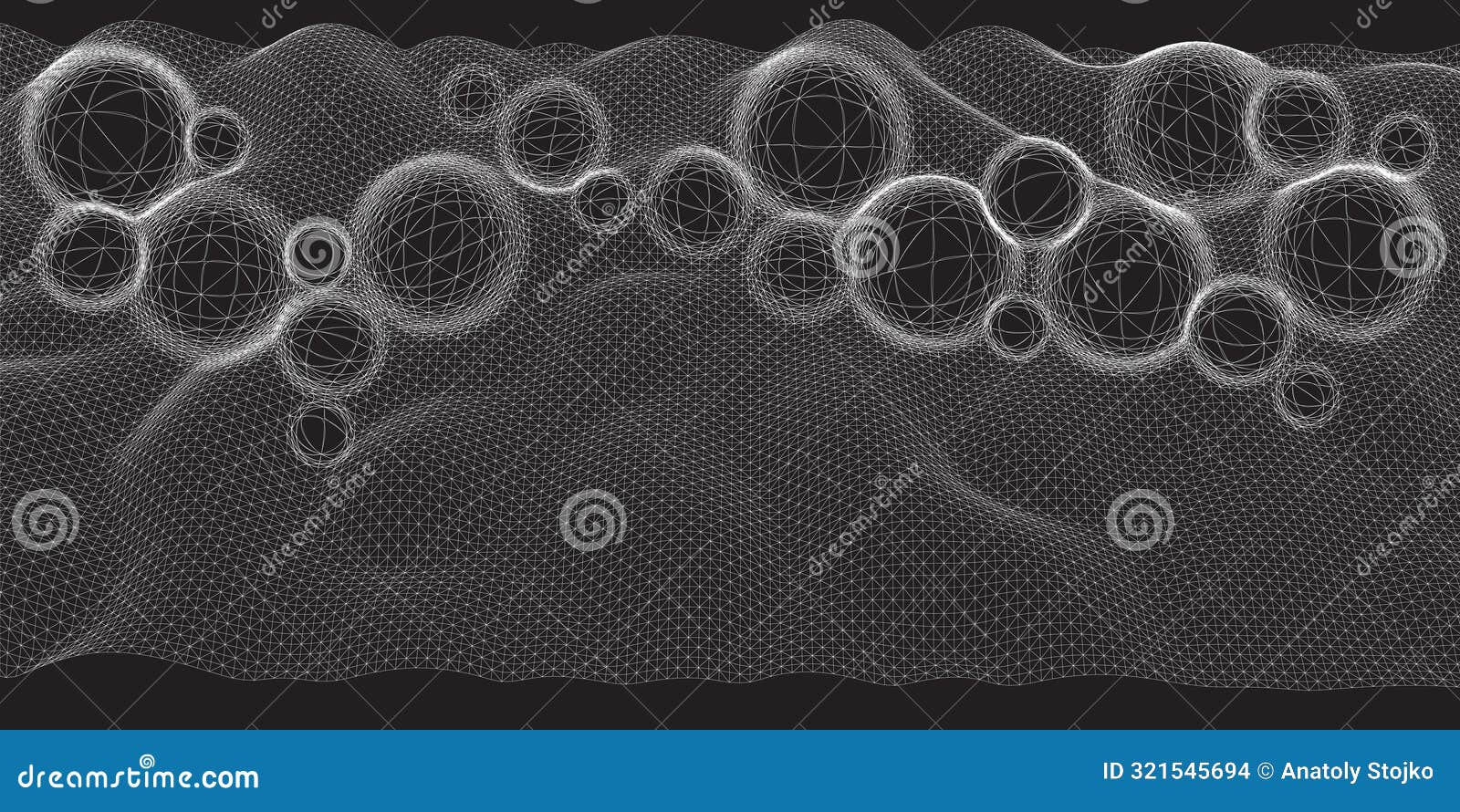 Abstract Background Waves Grid with Gpoup of Bubbles on Black. Vector ...