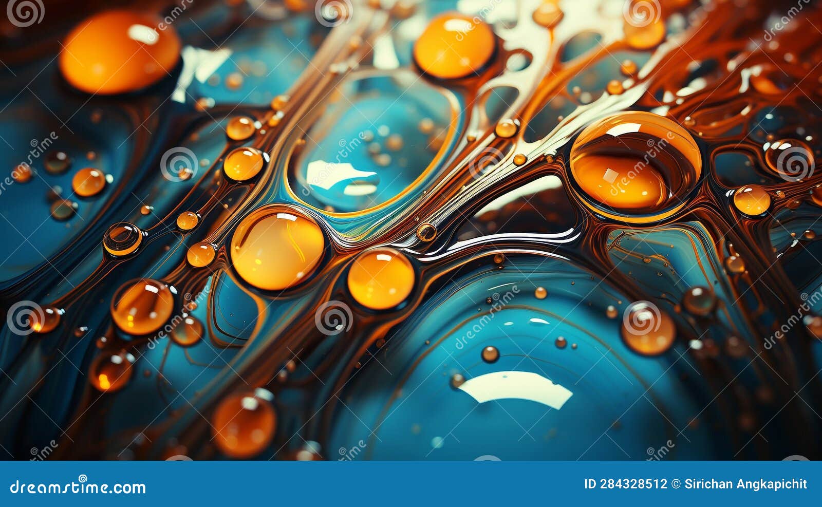 Abstract Background of Yellow and Blue Bubbles of Oil in Liquid. Stock ...