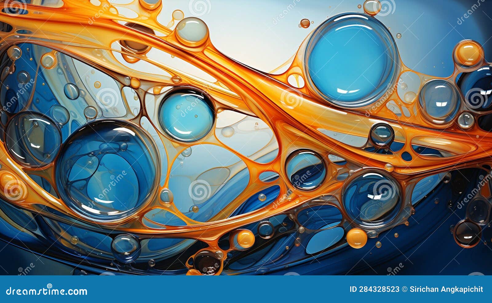 Abstract Background of Yellow and Blue Bubbles of Oil in Liquid. Stock ...