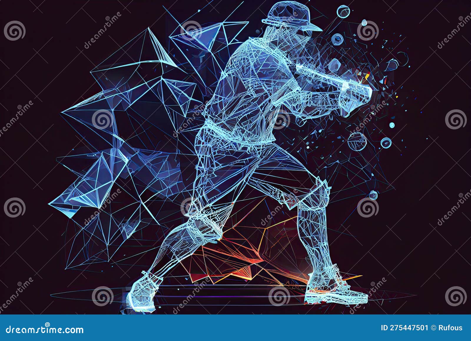 Abstract Baseball Player from Particles, Lines and Triangles on Blue ...