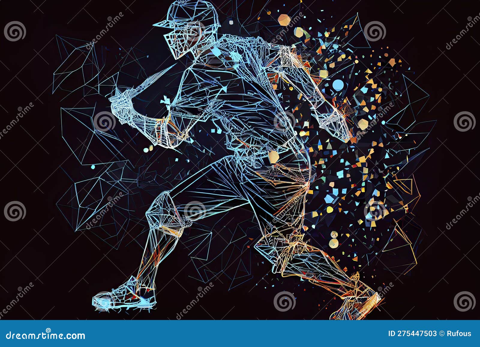 Abstract Baseball Player from Particles, Lines and Triangles on Blue ...