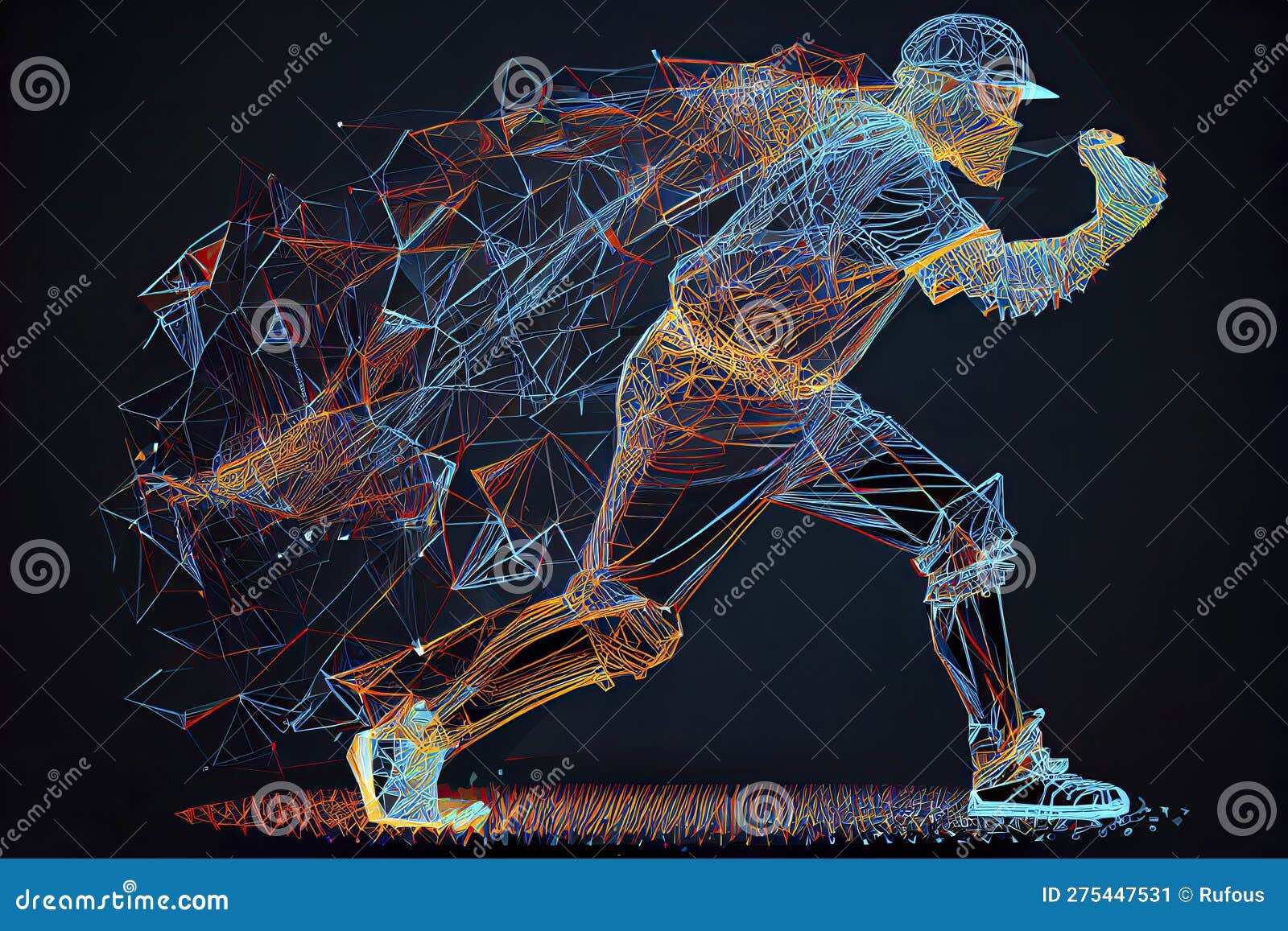Abstract Baseball Player from Particles, Lines and Triangles on Blue ...