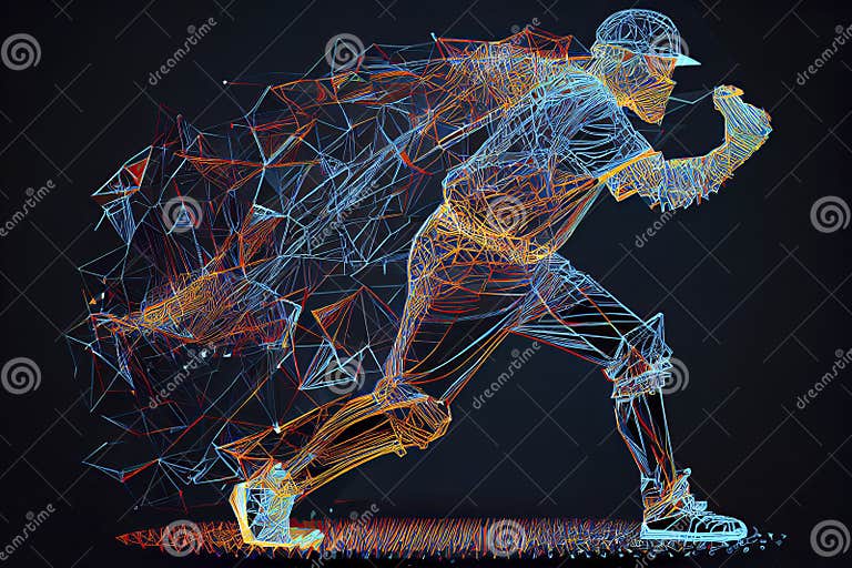 Abstract Baseball Player from Particles, Lines and Triangles on Blue ...