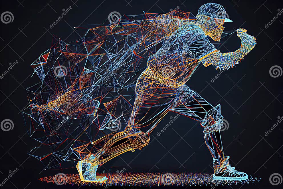 Abstract Baseball Player from Particles, Lines and Triangles on Blue ...