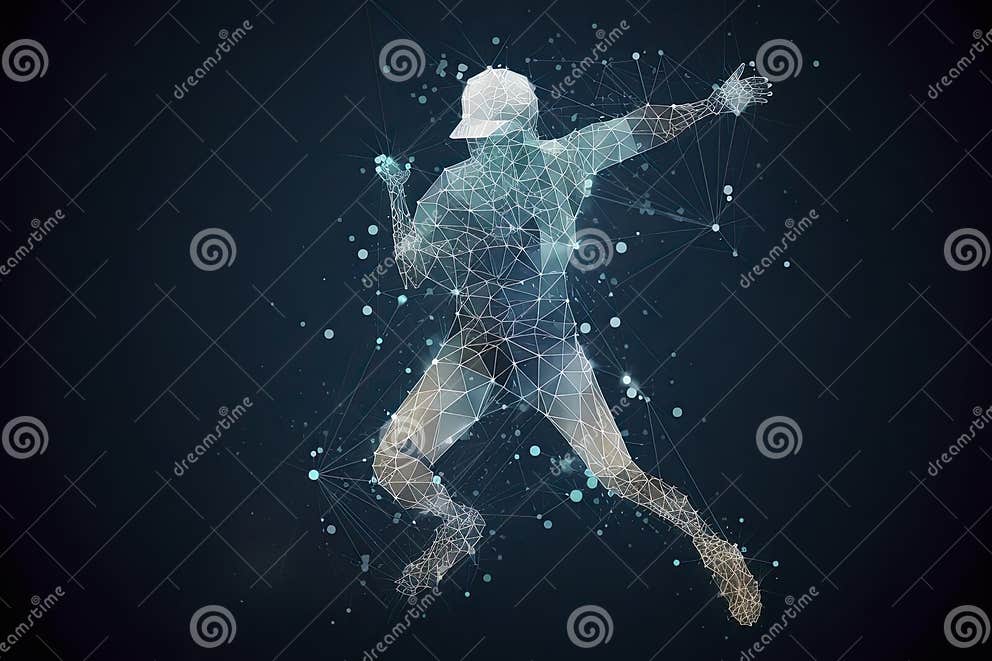 Abstract Baseball Player from Particles, Lines and Triangles on Blue ...