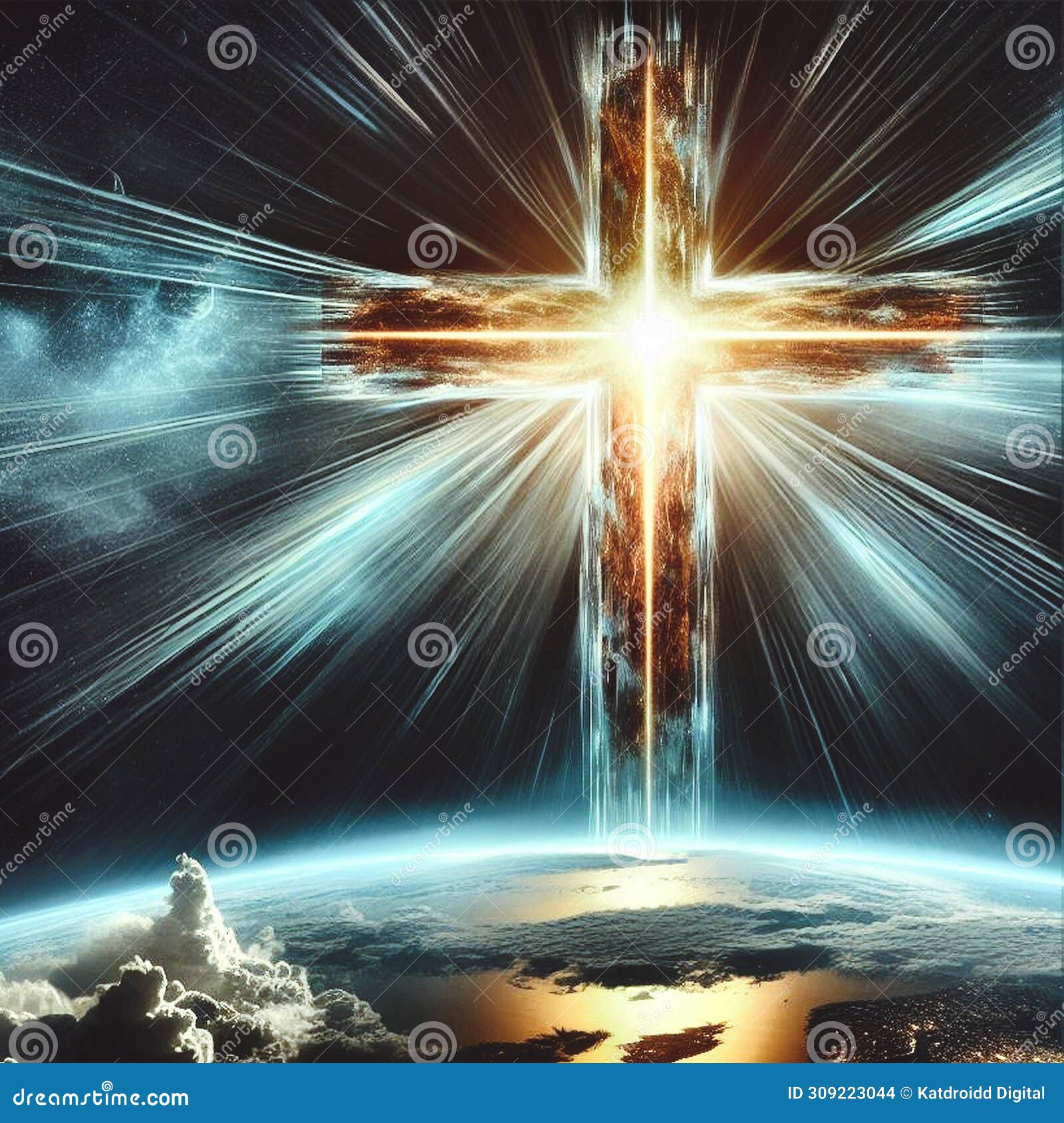 Abstract Biblical Crucifix Floating Over the Planet Earth, Emitting ...