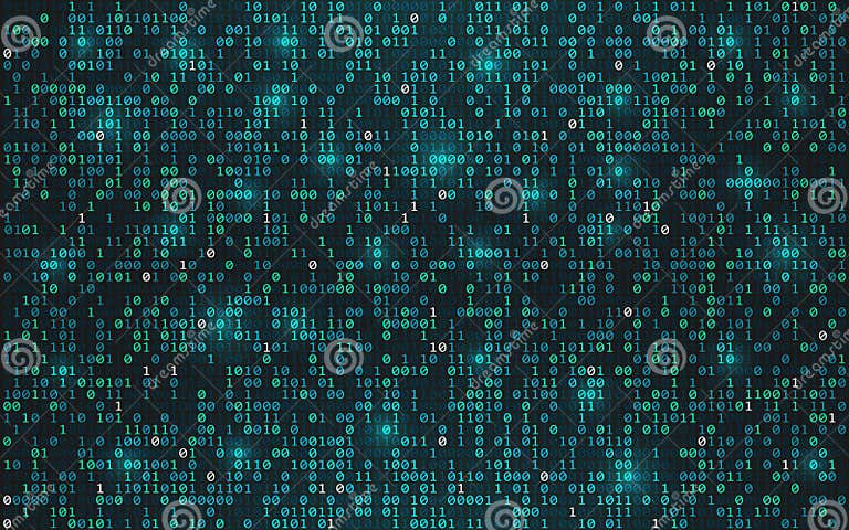 Abstract Binary Code Background. Digital Data Concept. Bright Streaming Digits with Lights on ...