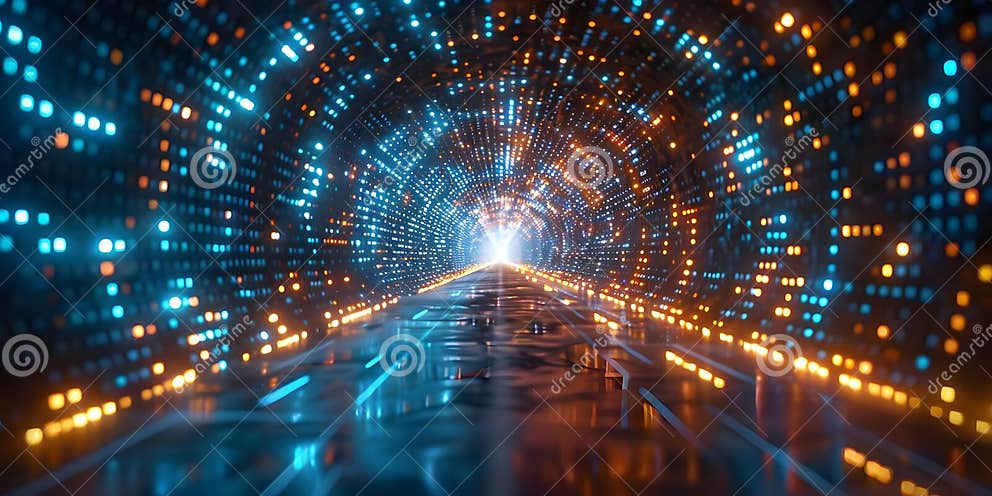 Abstract Binary Code Pattern in Neon Blue Light Streaks Resembling Computer Programming or Big ...