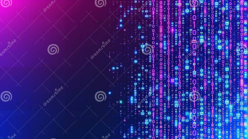 Abstract Binary Code Stream with Red and Blue Dots, Encryption Concept on Digital Interface ...