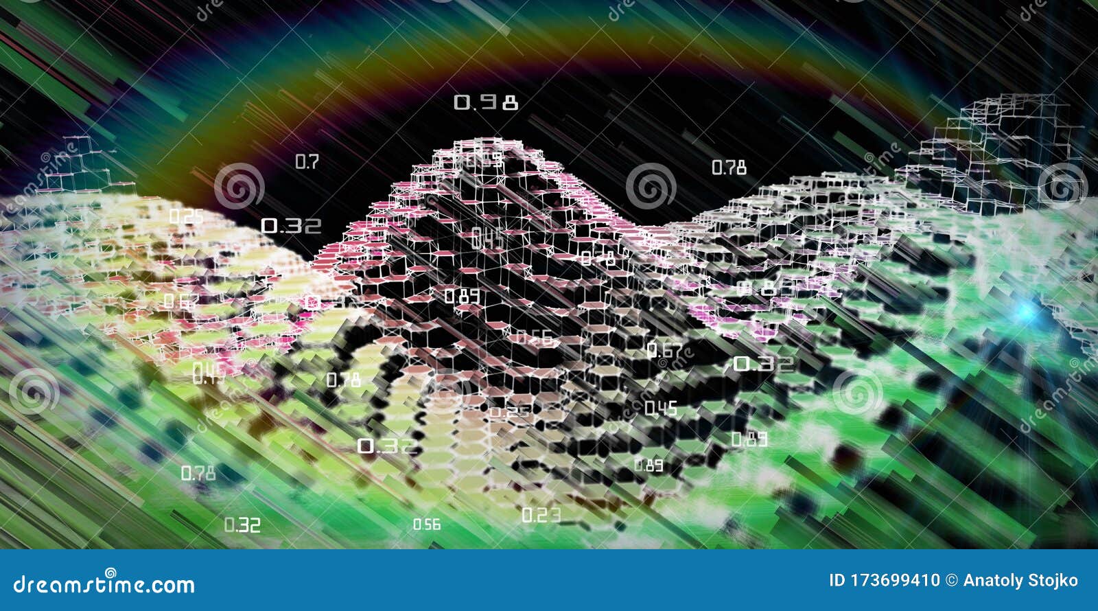 Abstract Binary Hexagon Color Wave. Big Data. 3D Big Data Concept. Intricate Mass Financial Data ...