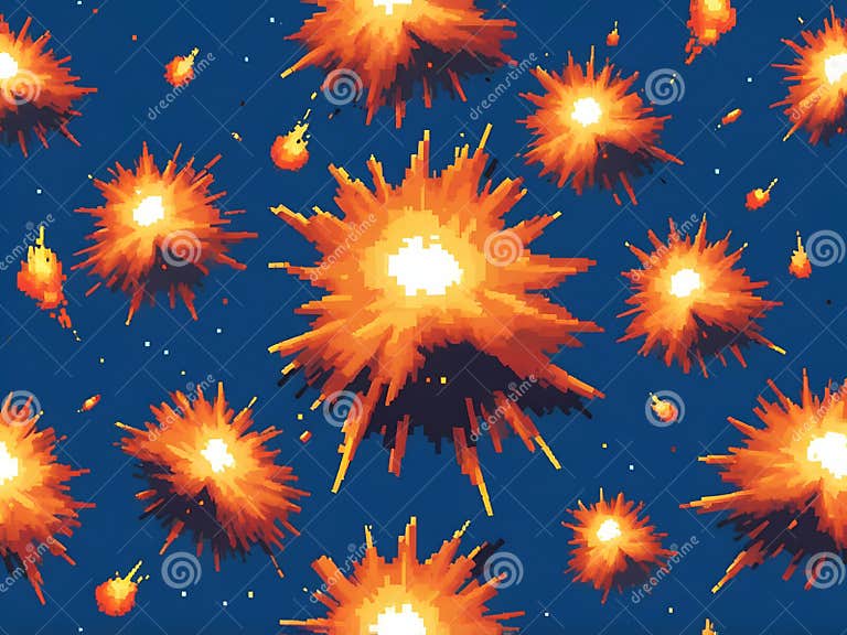 Abstract 8 Bit Pixel Art Fireball Explosion on Blue Background Stock ...
