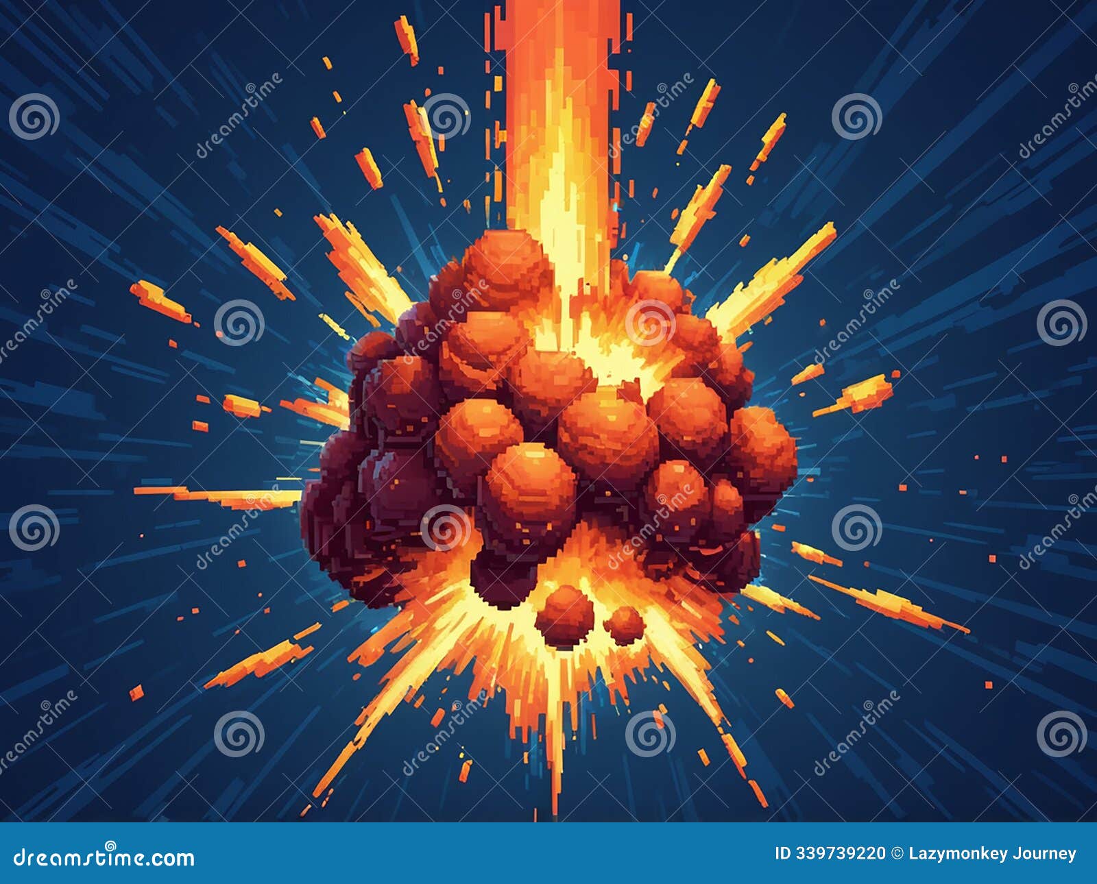 Abstract 8 Bit Pixel Art Fireball Explosion on a Blue Background Stock ...