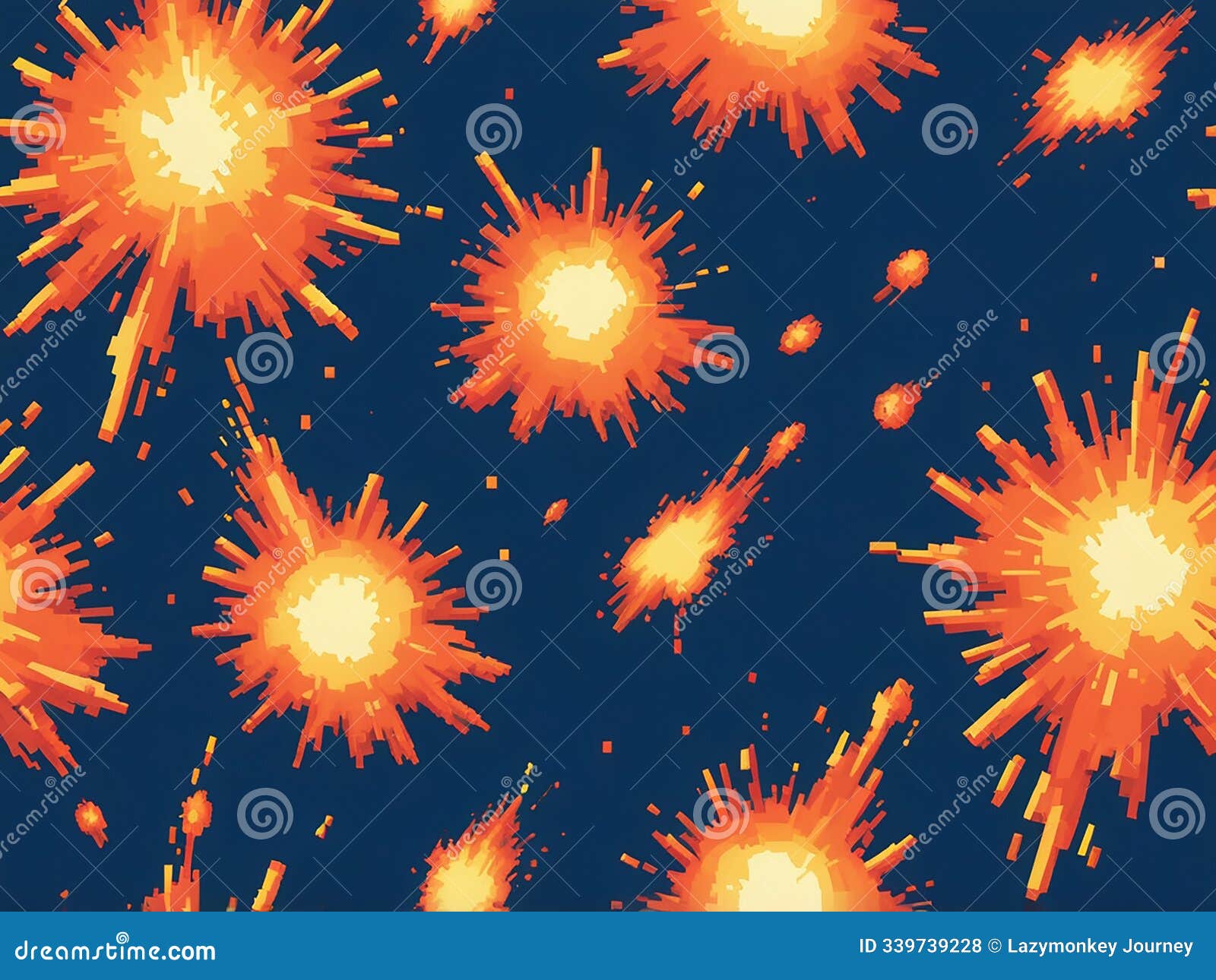 Abstract 8 Bit Pixel Art Fireball Explosion on Blue Background ...