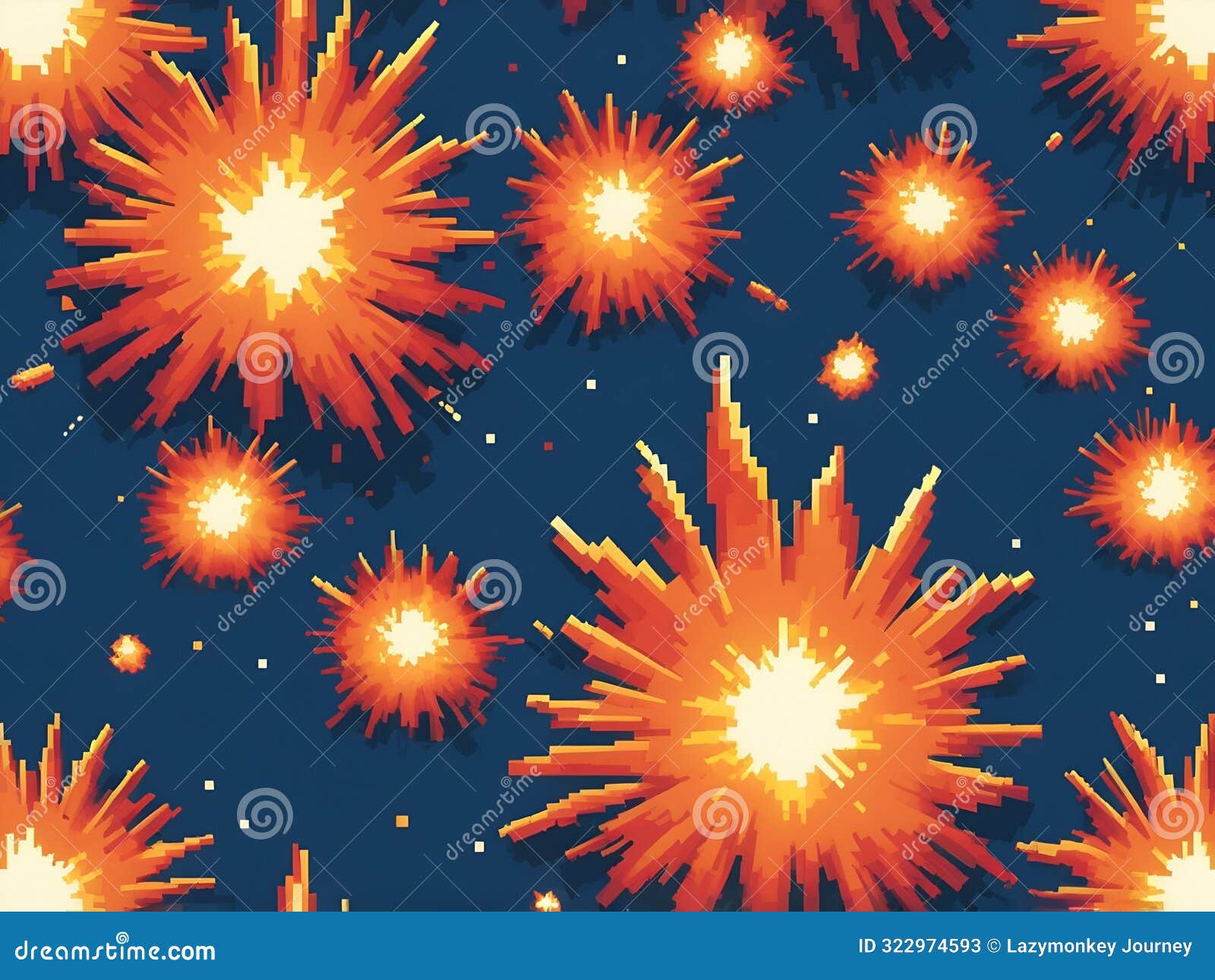 Abstract 8 Bit Pixel Art Fireball Explosion on Dark Blue Background ...