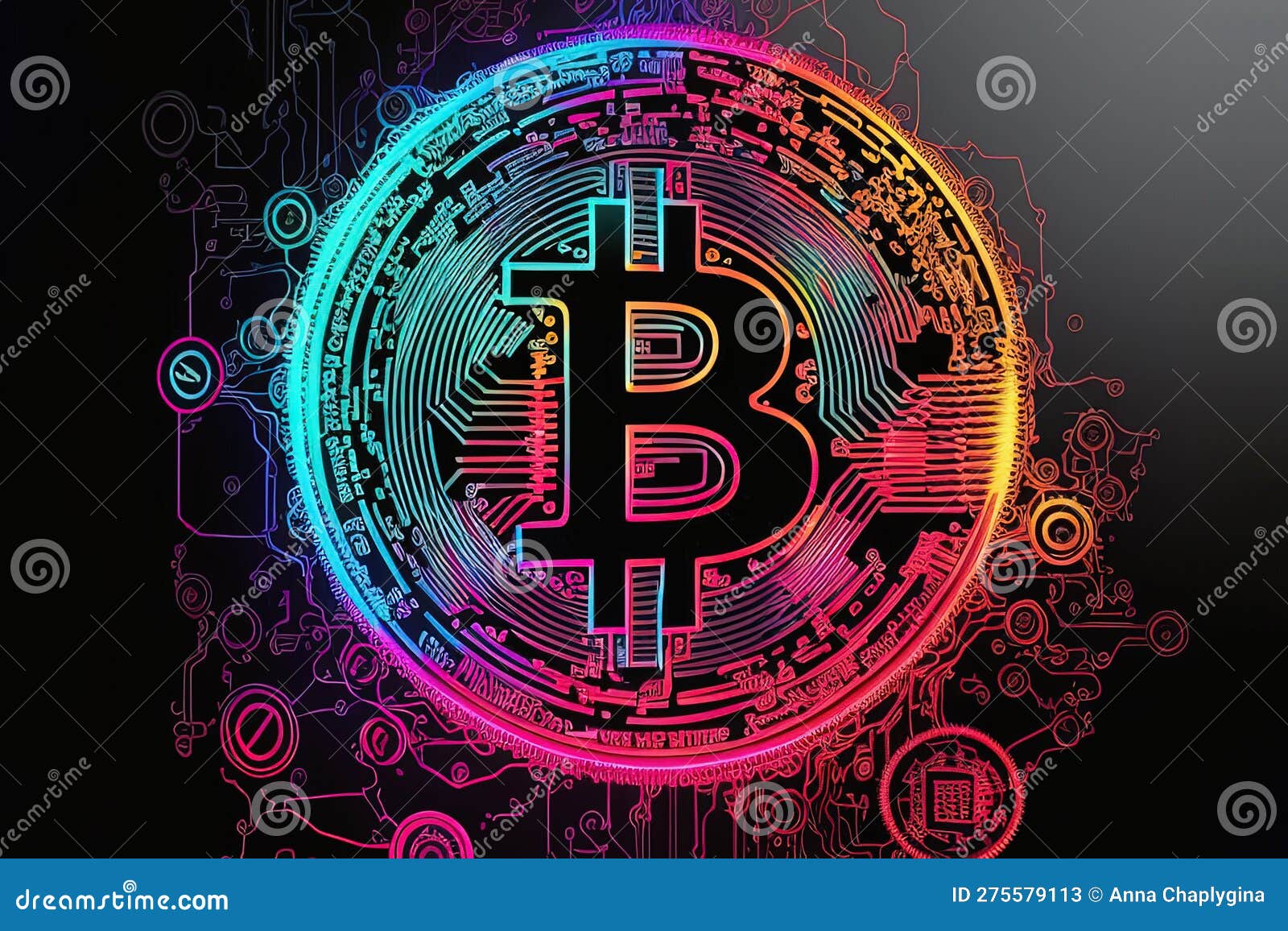 Abstract Bitcoin in Neon Colors, Black Background. Generaive AI Stock ...