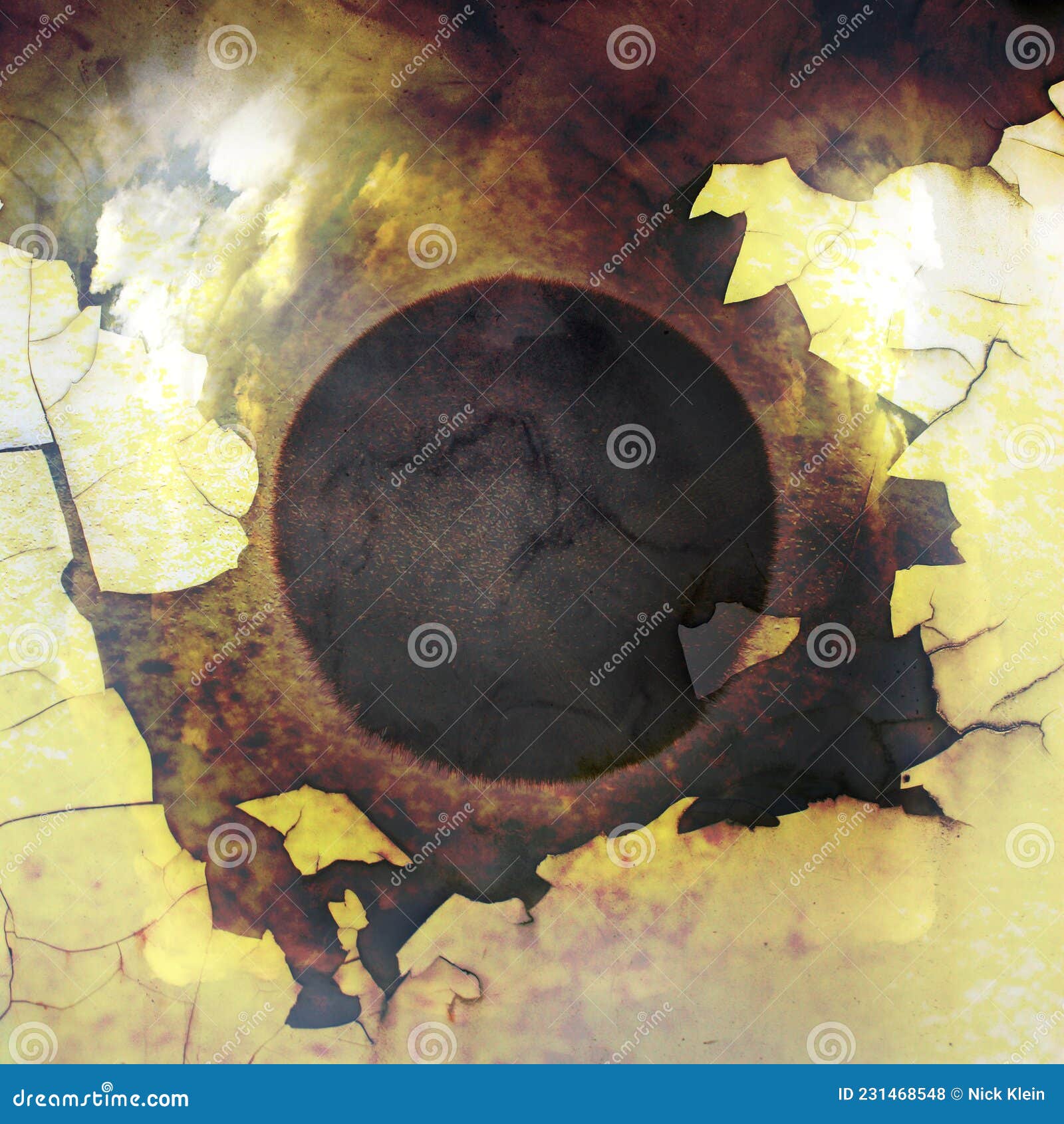 Abstract Black Cracking Circle Superimposed on a White Painted Peeling ...