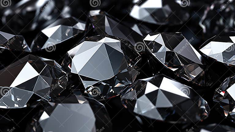 Abstract Black Diamonds with Reflective Surfaces. Close-up of Numerous ...