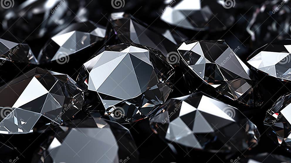Abstract Black Diamonds with Reflective Surfaces. Close-up of Numerous ...