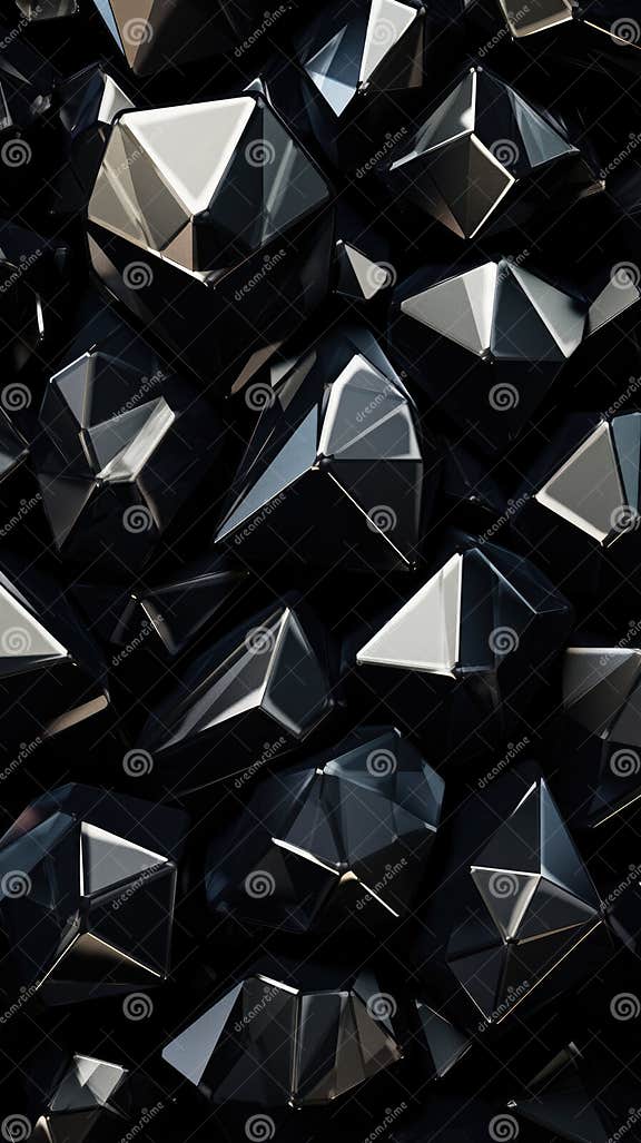 Abstract Black Diamonds with Reflective Surfaces. Close-up of Numerous ...
