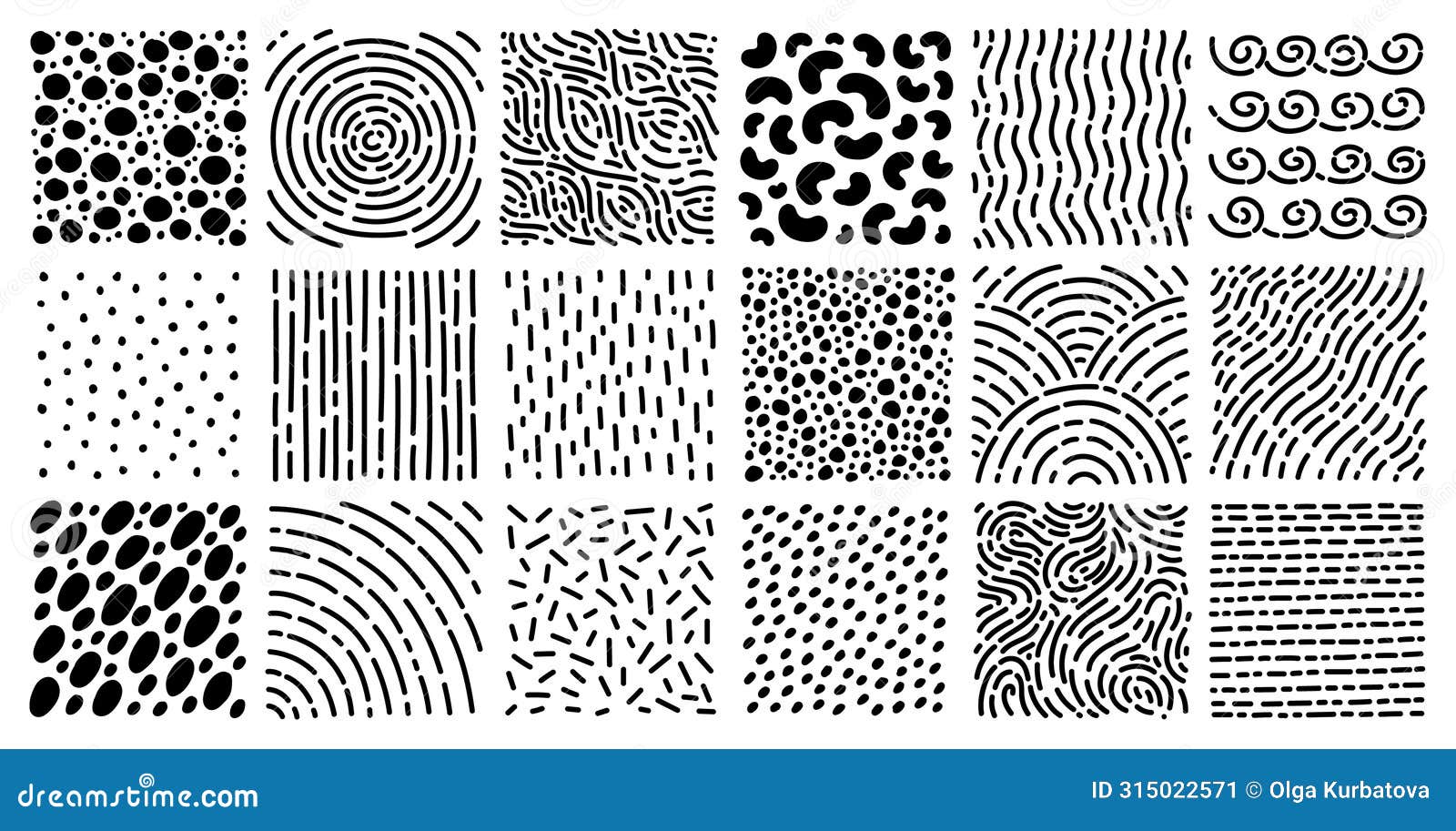 Abstract Black Doodle Textures. Trendy Monochrome Simple Patterns, Hand ...