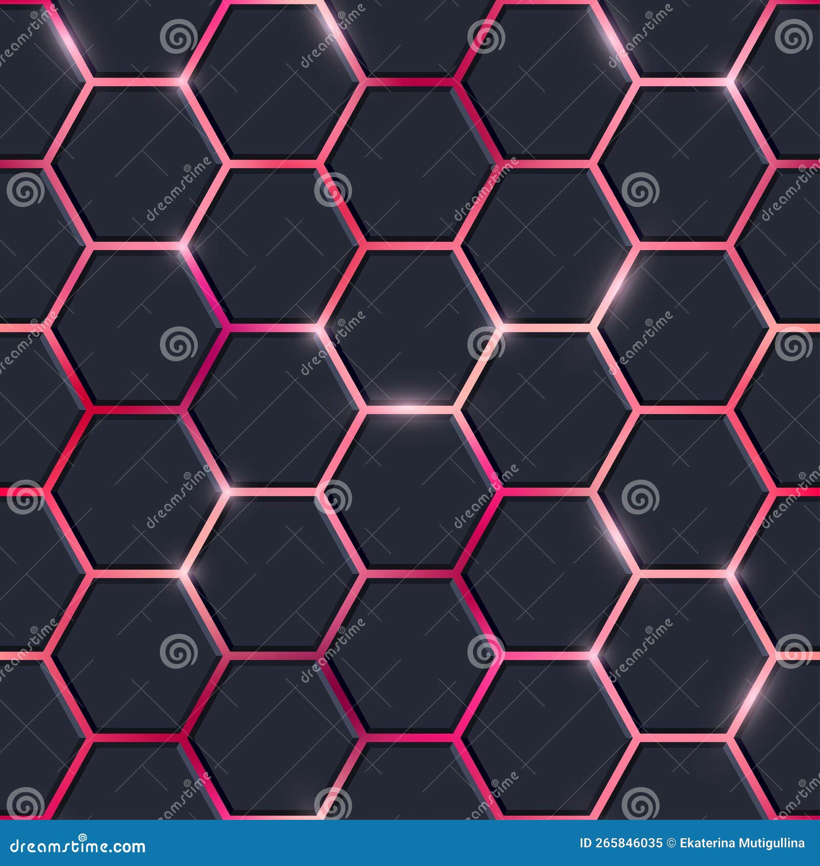 Abstract Black Hexagon Tiles Seamless Pattern with Shiny Flares on Red Background. Modern ...