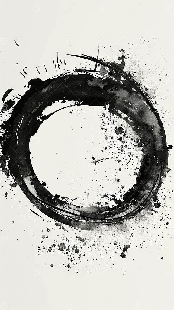 Abstract Black Ink Circle with Splatters on White Background Stock ...