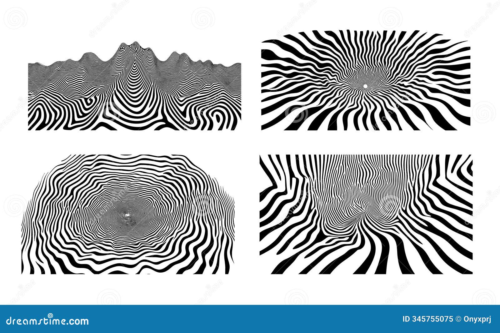 Abstract Black Optical Lines Patterns Vector Set. Linear Waves Curves ...