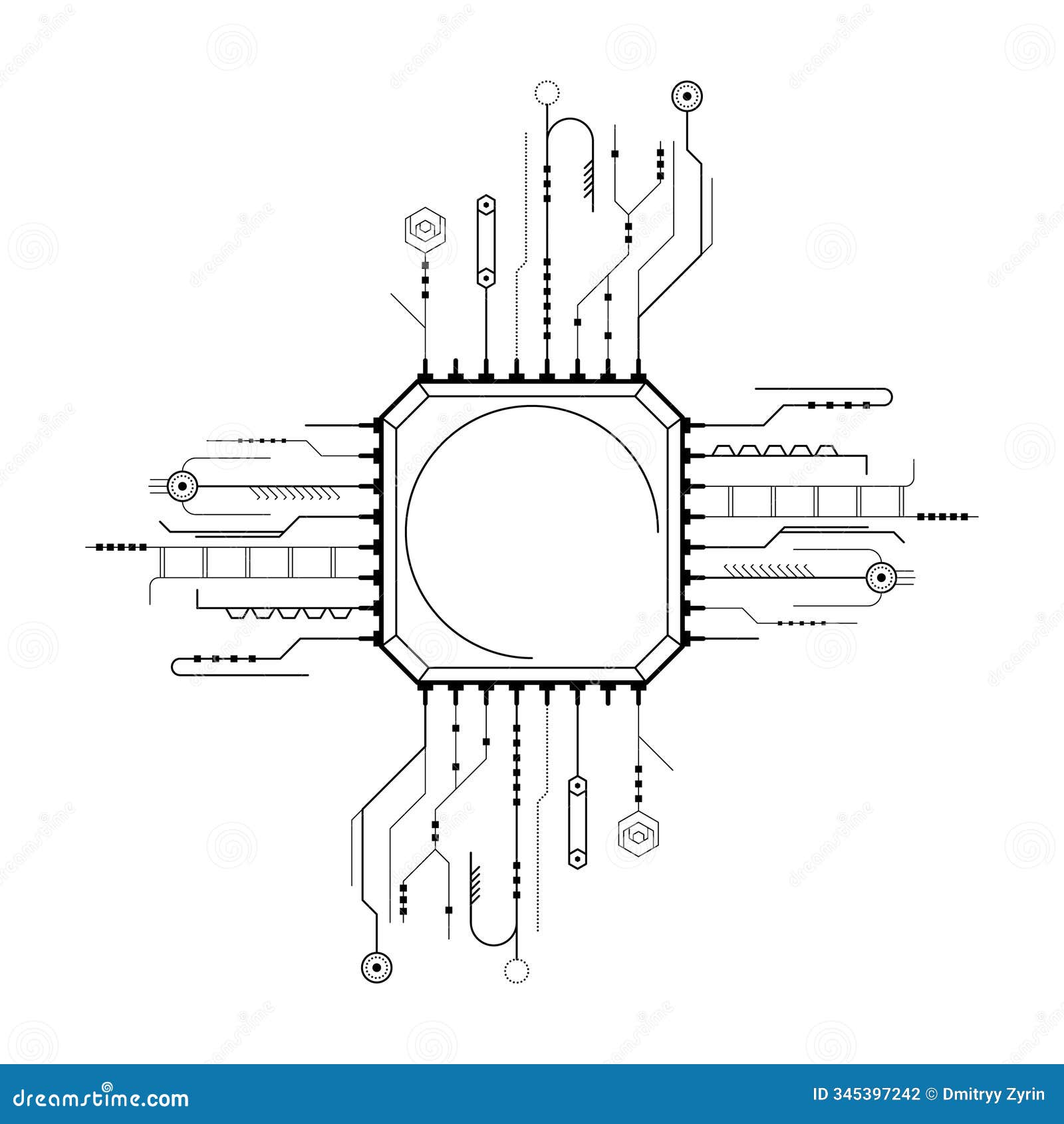 Abstract Black Simple Line Cpu Computer Technology Doodle Outline ...
