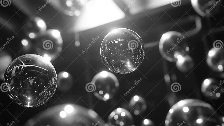 Abstract Black and White Composition with Floating Transparent Bubbles ...