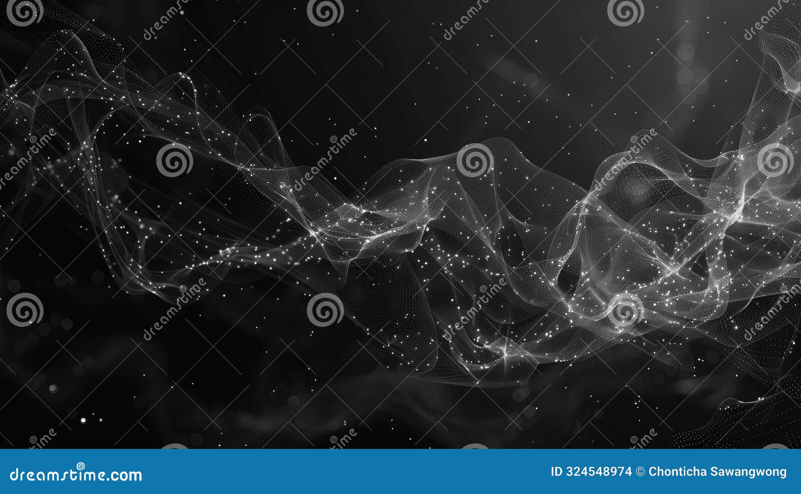 Abstract Black and White Digital Wave with Particles. Futuristic ...